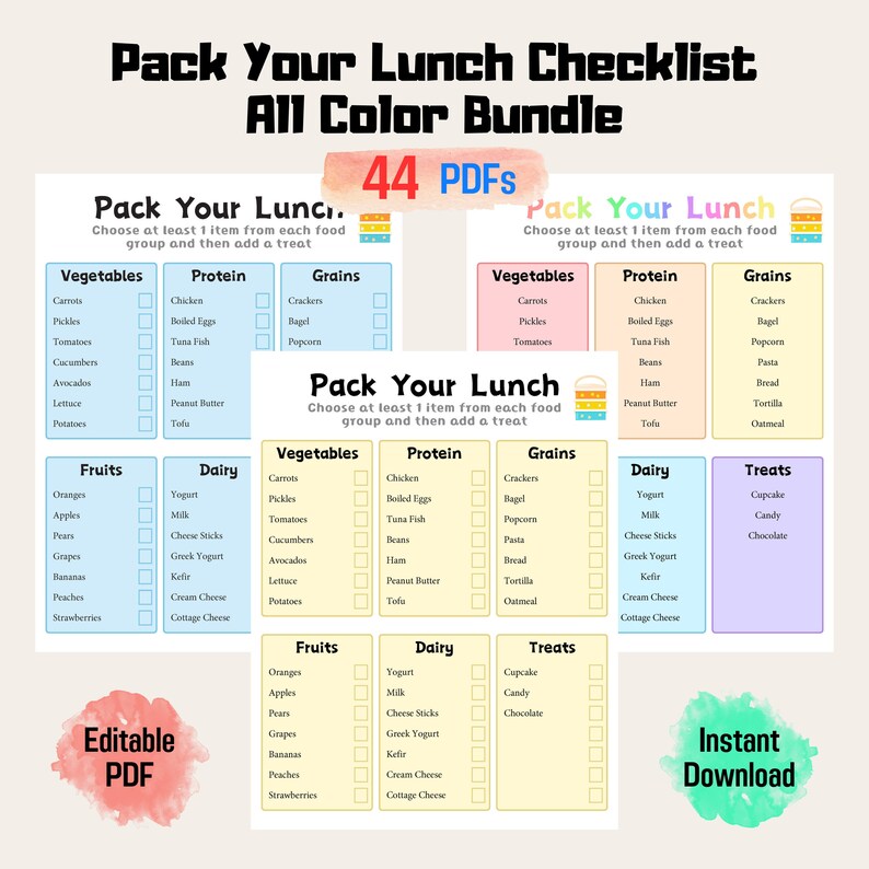 Pack Your Lunch Checklist All Color Bundle | Kids Healthy Food Template ...