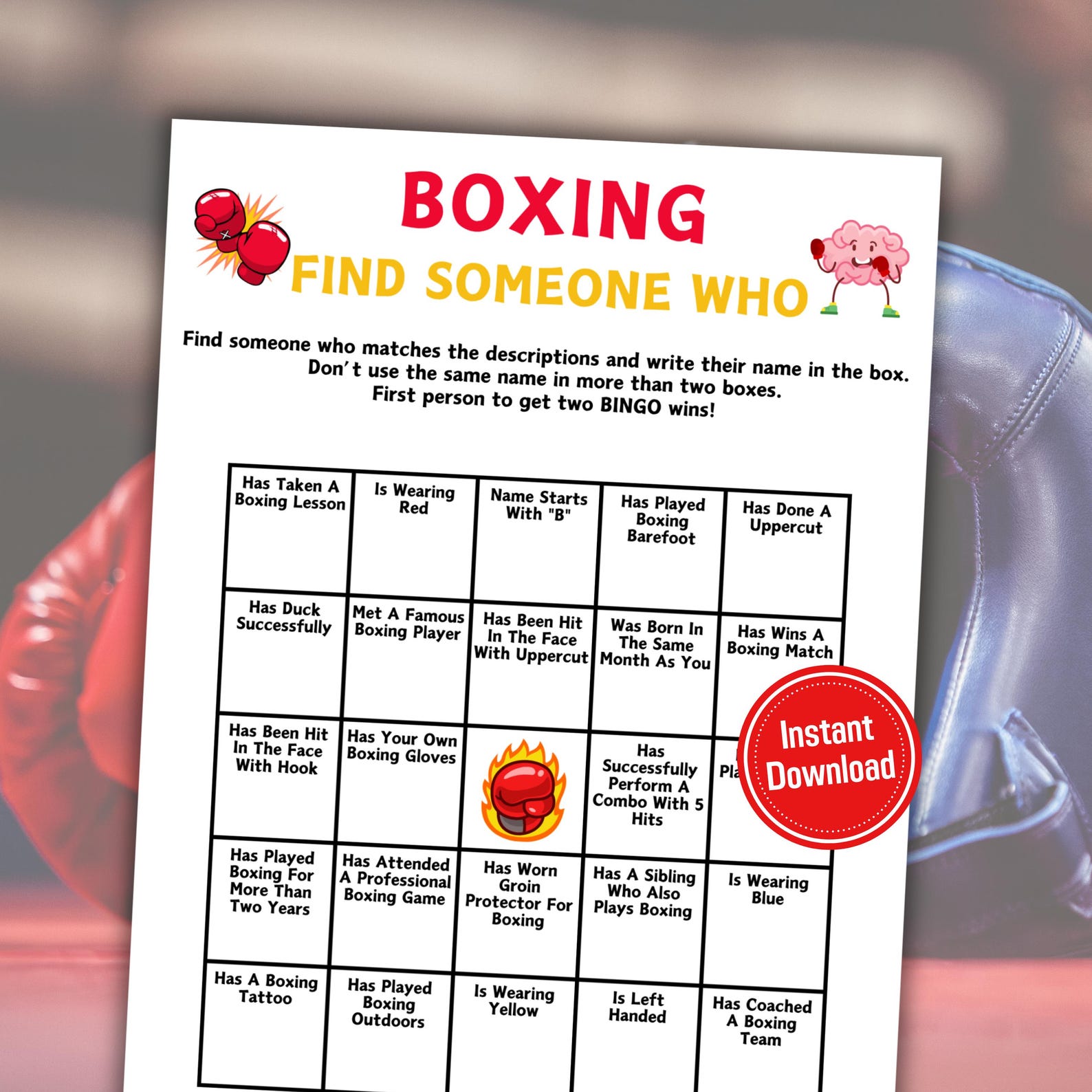 Boxing Find Someone Who Game | Printable Boxing Find the Guest Bingo ...