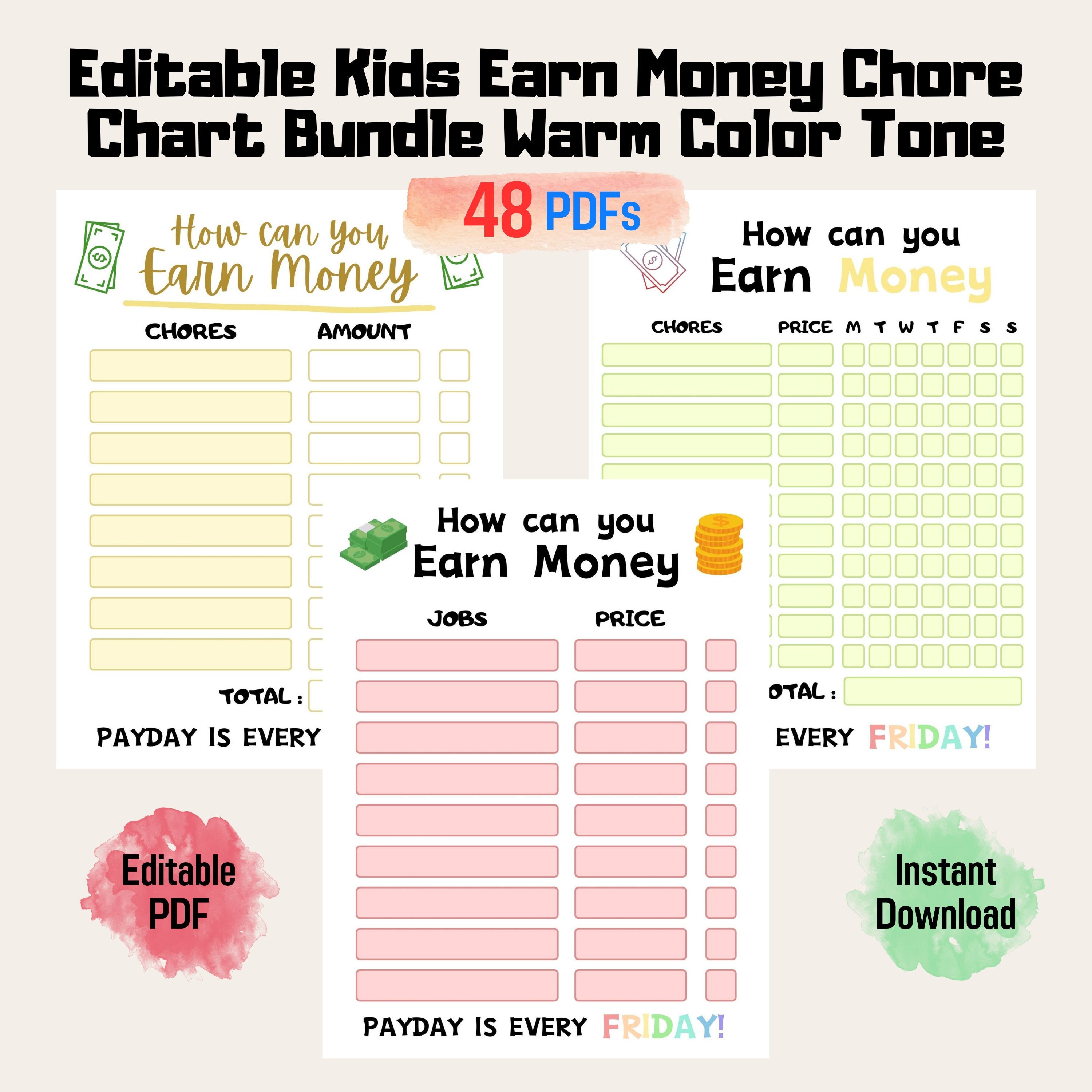 Editable Kids Earn Money Chore Chart Bundle Warm Color Tone, Printable ...