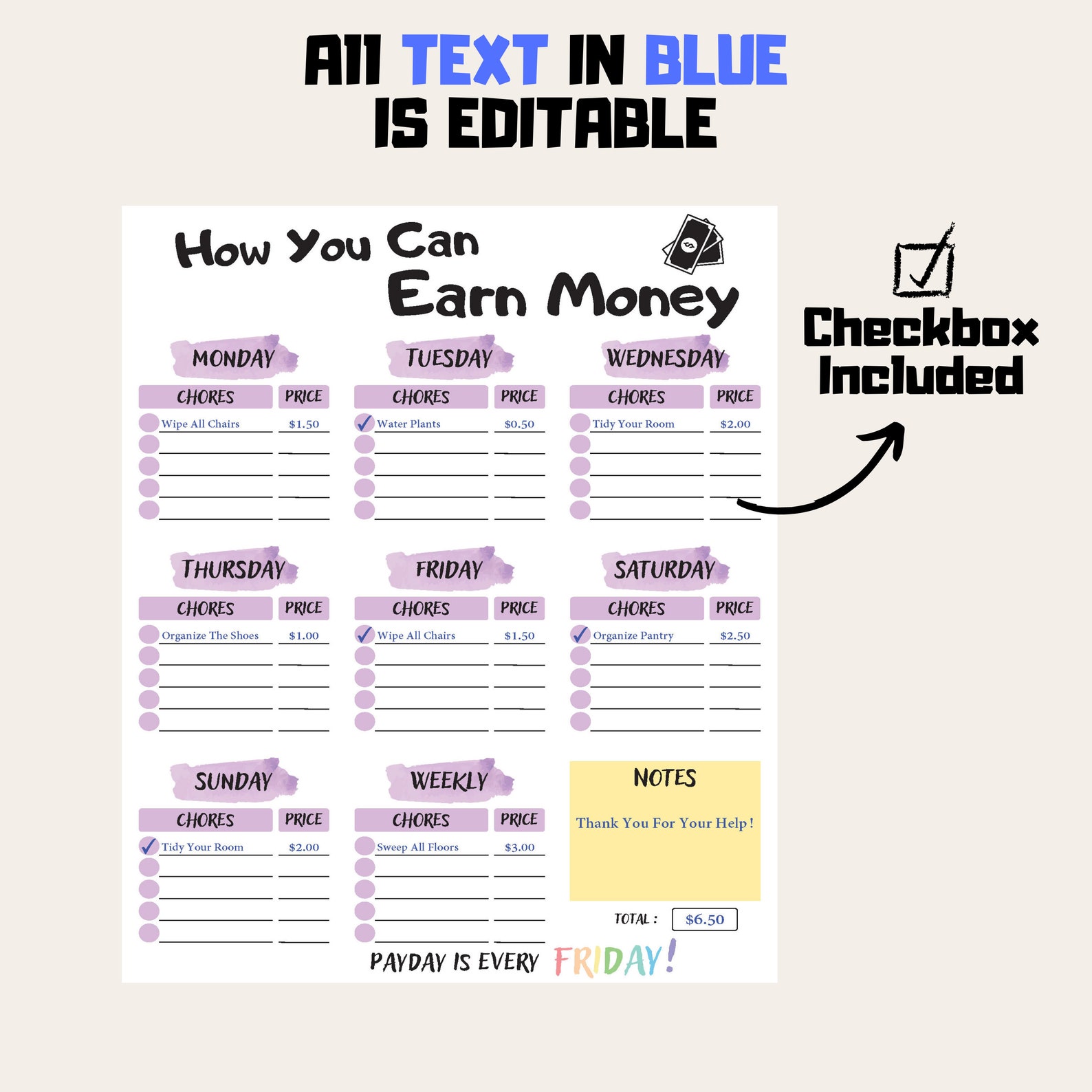 Editable Kids Chore Chart for Money Cool Color Tone, INSTANT Download ...