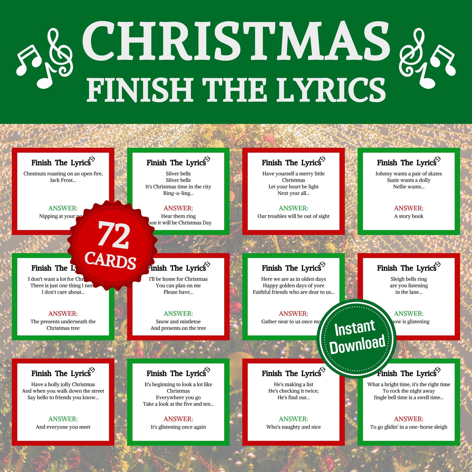 Christmas Finish the Lyrics Game | Printable Christmas Song Trivia Game ...