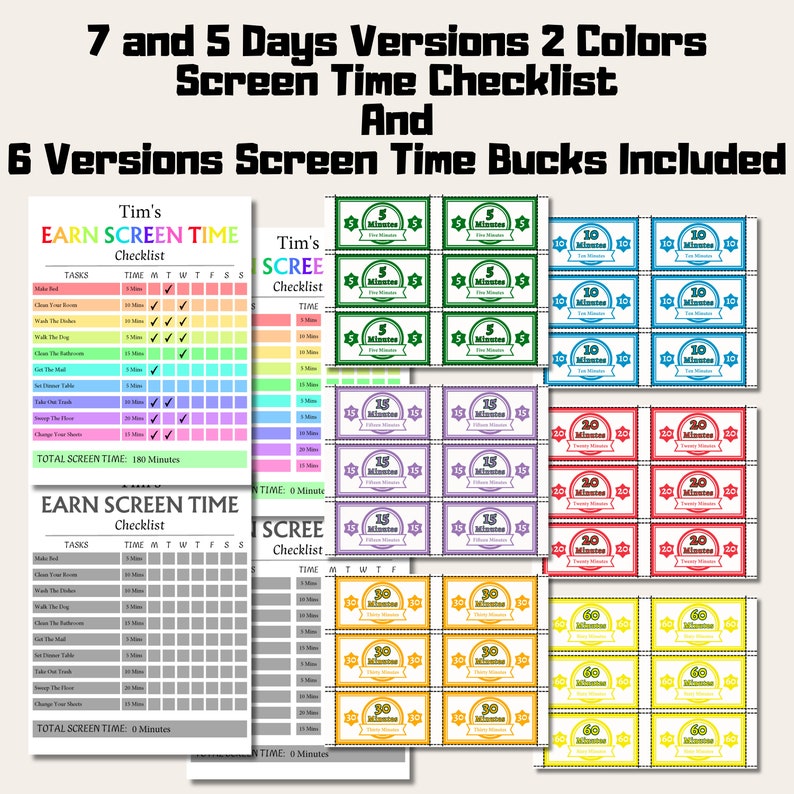 Editable Screen Time Checklist Screen Bucks for Kids & Teens, Daily ...
