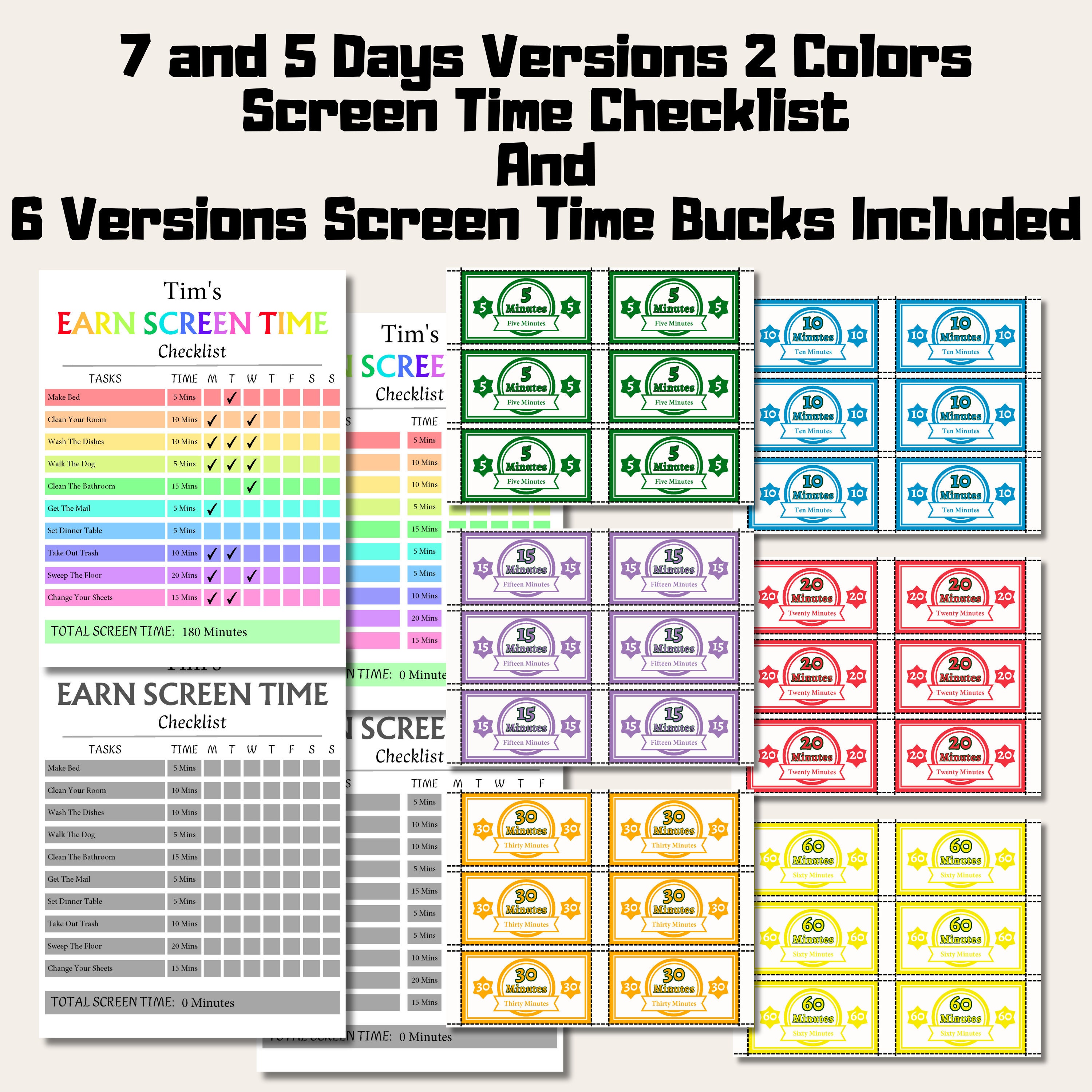 Editable Screen Time Checklist Screen Bucks for Kids & Teens, Daily ...