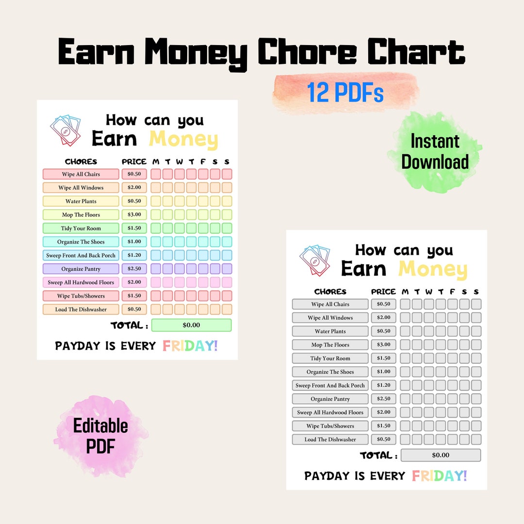 Editable Kids Chore Chart Rainbow Color | Earn Money System | Printable ...