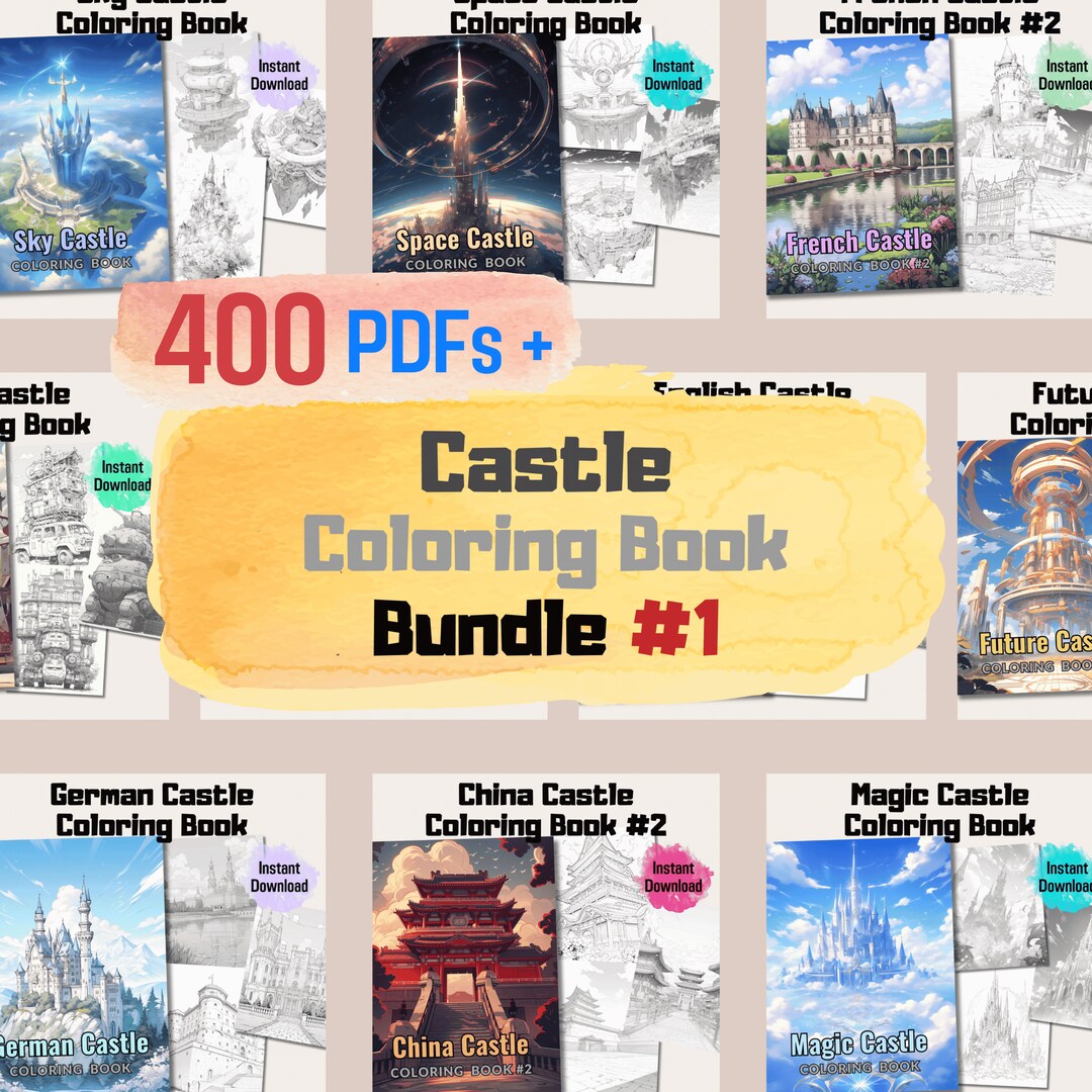Castle Coloring Book Bundle, 400 Coloring Pages Bundle + 10 Covers ...