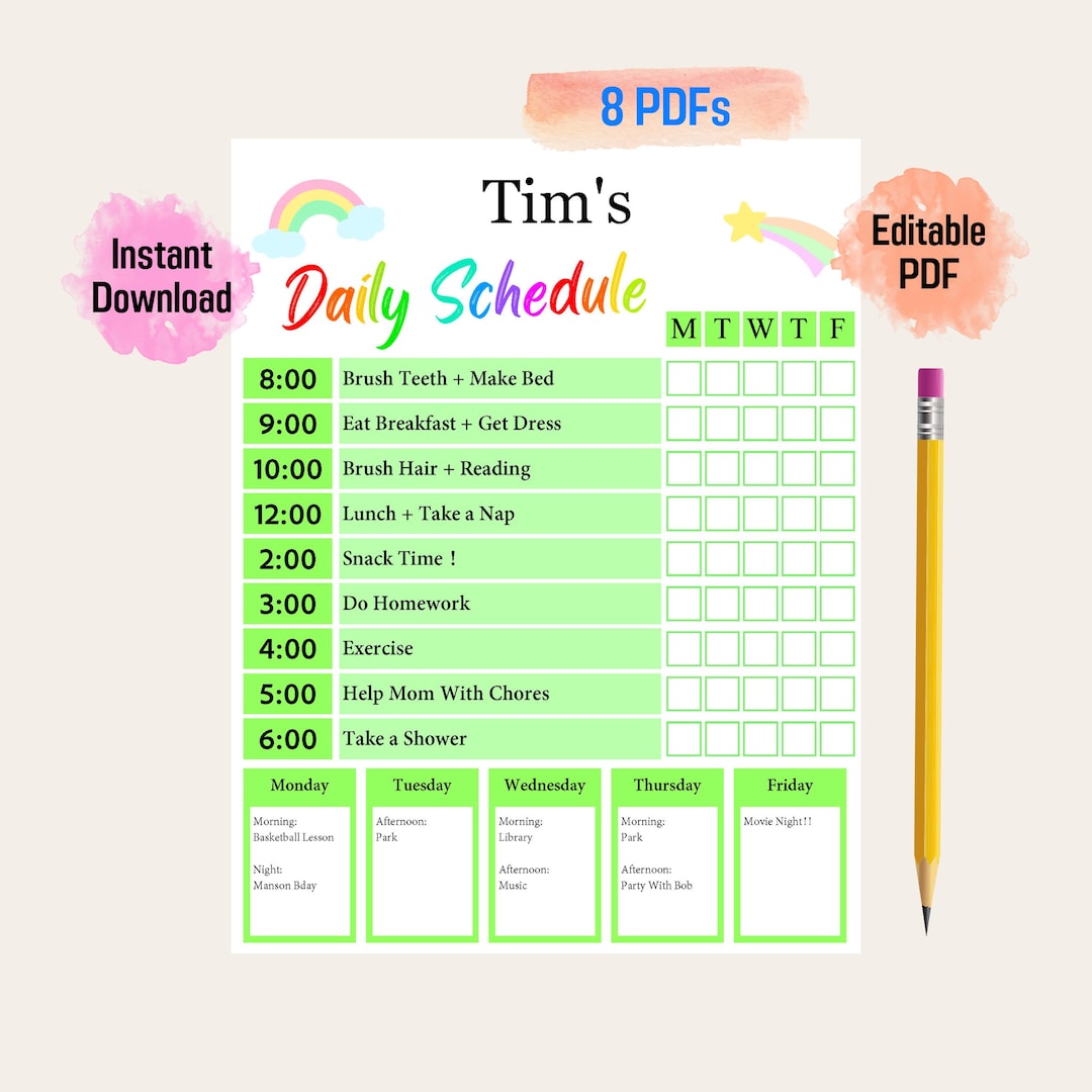 Editable Kids Daily Schedule Warm Color Tone Kids Responsibility ...