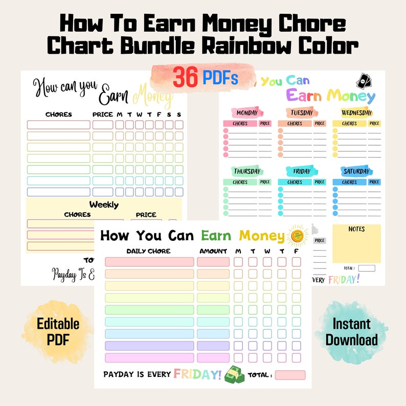 How to Earn Money Chore Chart Bundle Rainbow Color Editable - Etsy