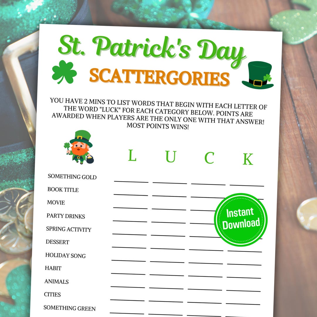 St. Patrick's Day Scattergories Game | Printable St. Patty's Think Fast ...