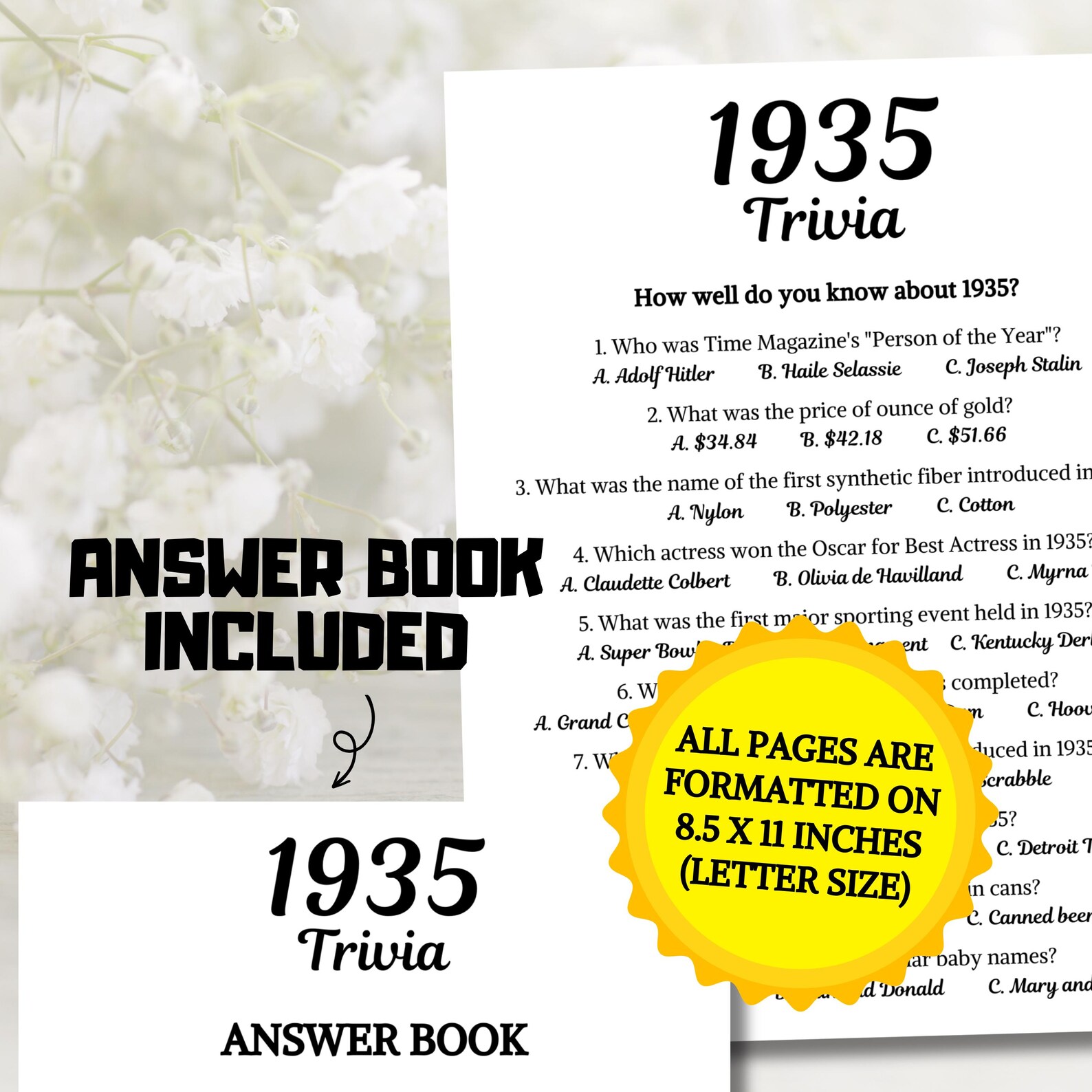1935 Trivia Game | Printable 90th Birthday Party Game | Born in 1935 ...