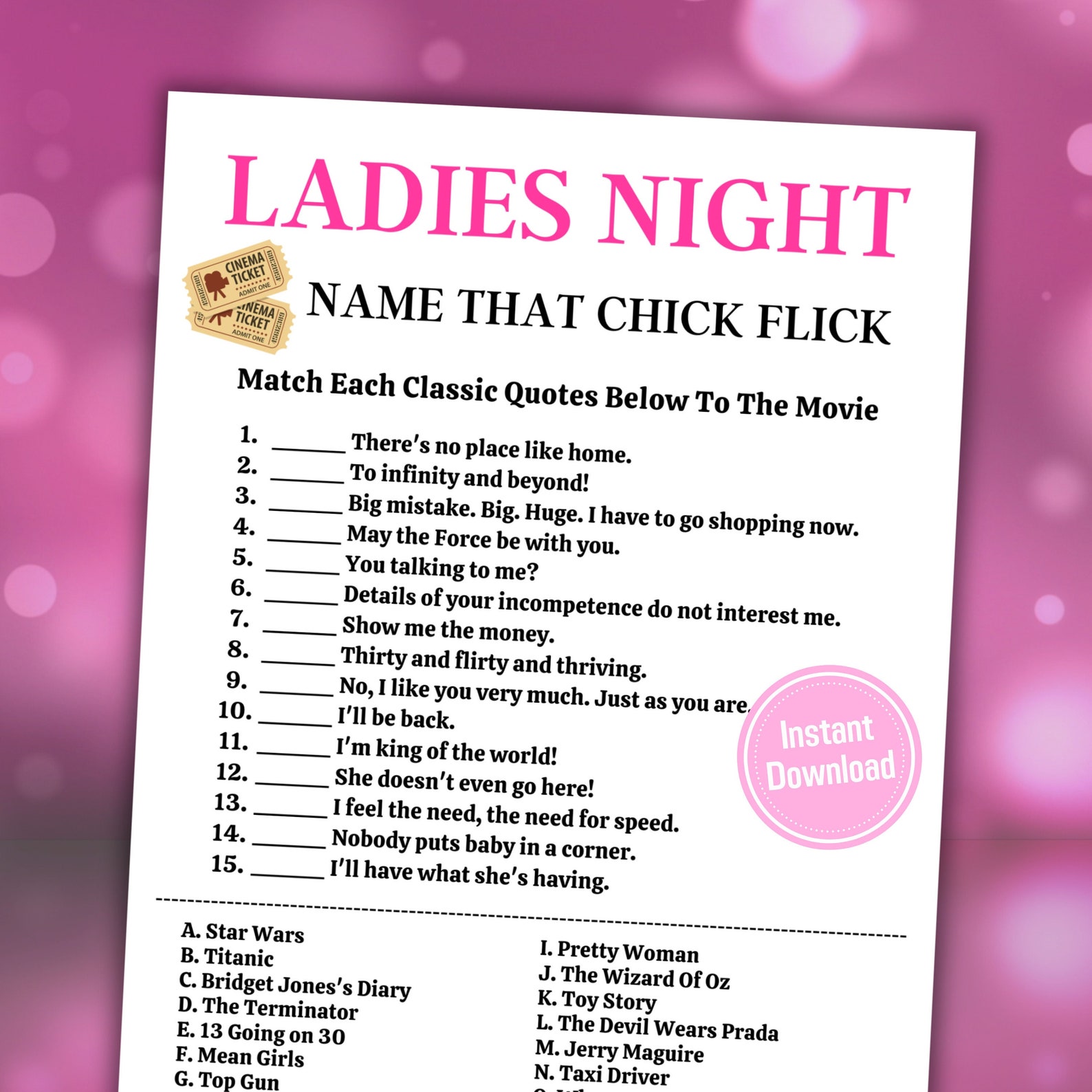 Ladies Night Name That Chick Flick Game | Movie Matching Game | Girls ...