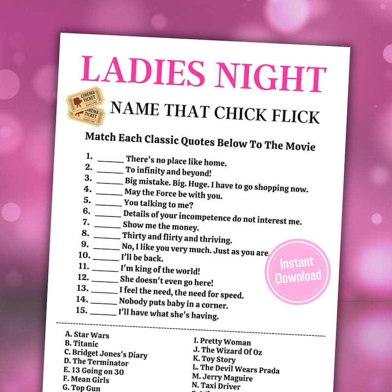 Ladies Night Name That Chick Flick Game | Movie Matching Game | Girls ...