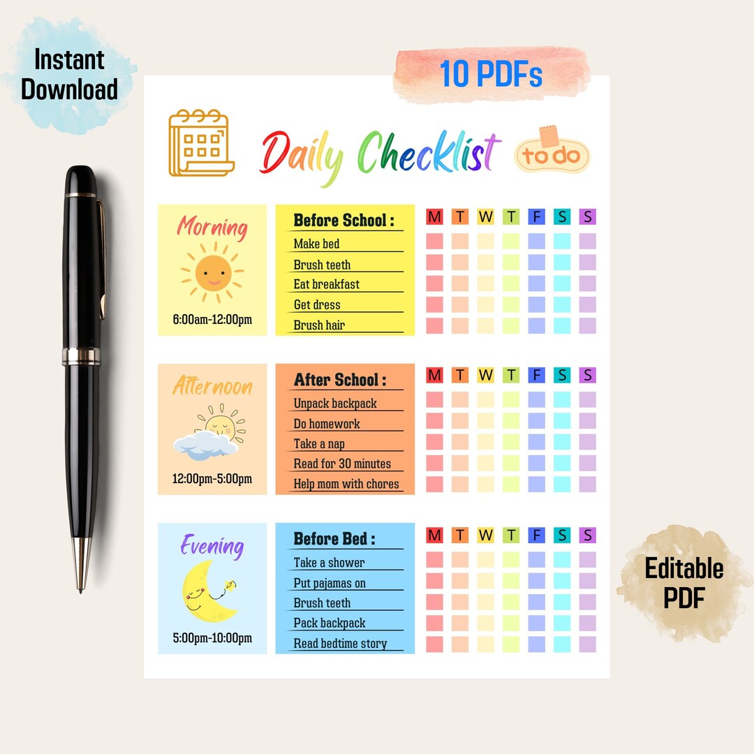 Kids Editable Daily Checklist | Kids Morning/bedtime Checklist ...