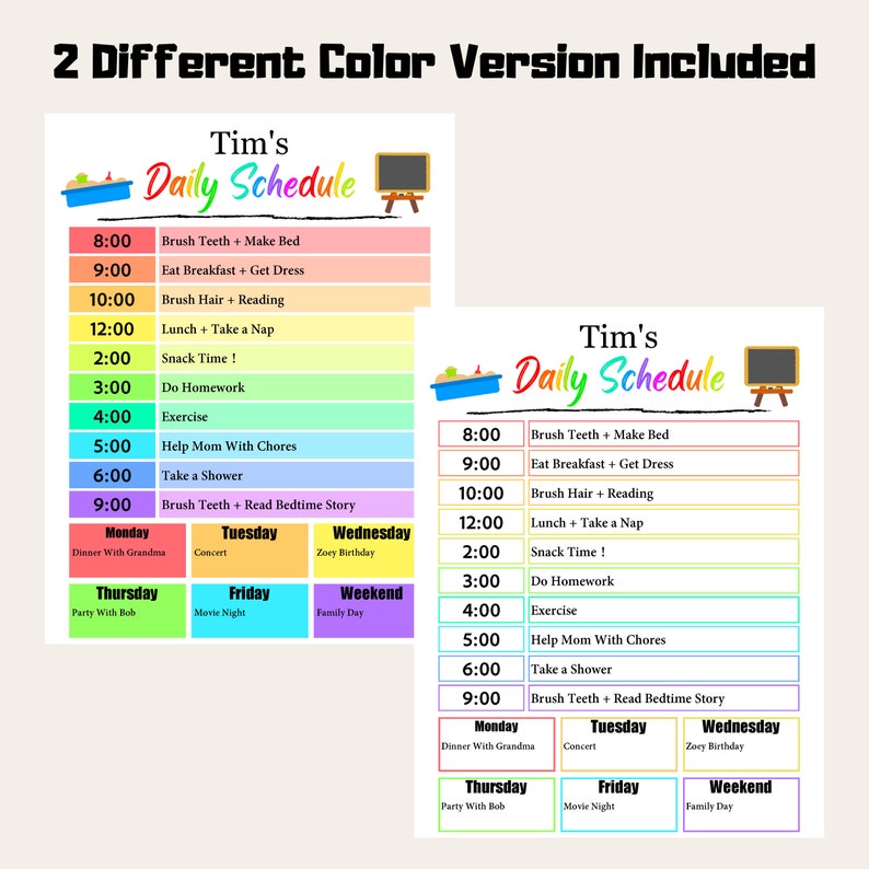 Kids Fillable Daily Schedule Rainbow Color, Daily Routine ...