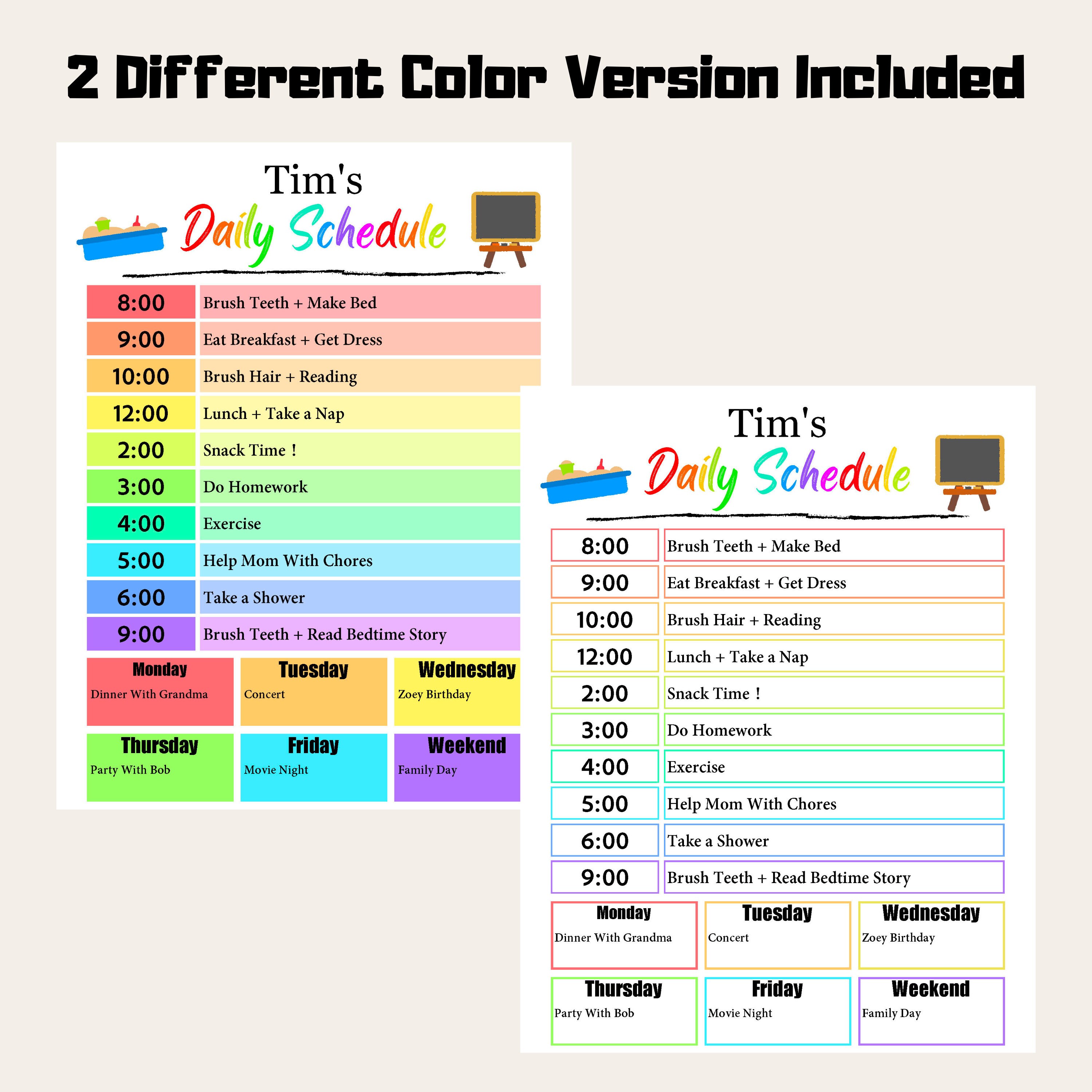 Kids Fillable Daily Schedule Rainbow Color, Daily Routine ...