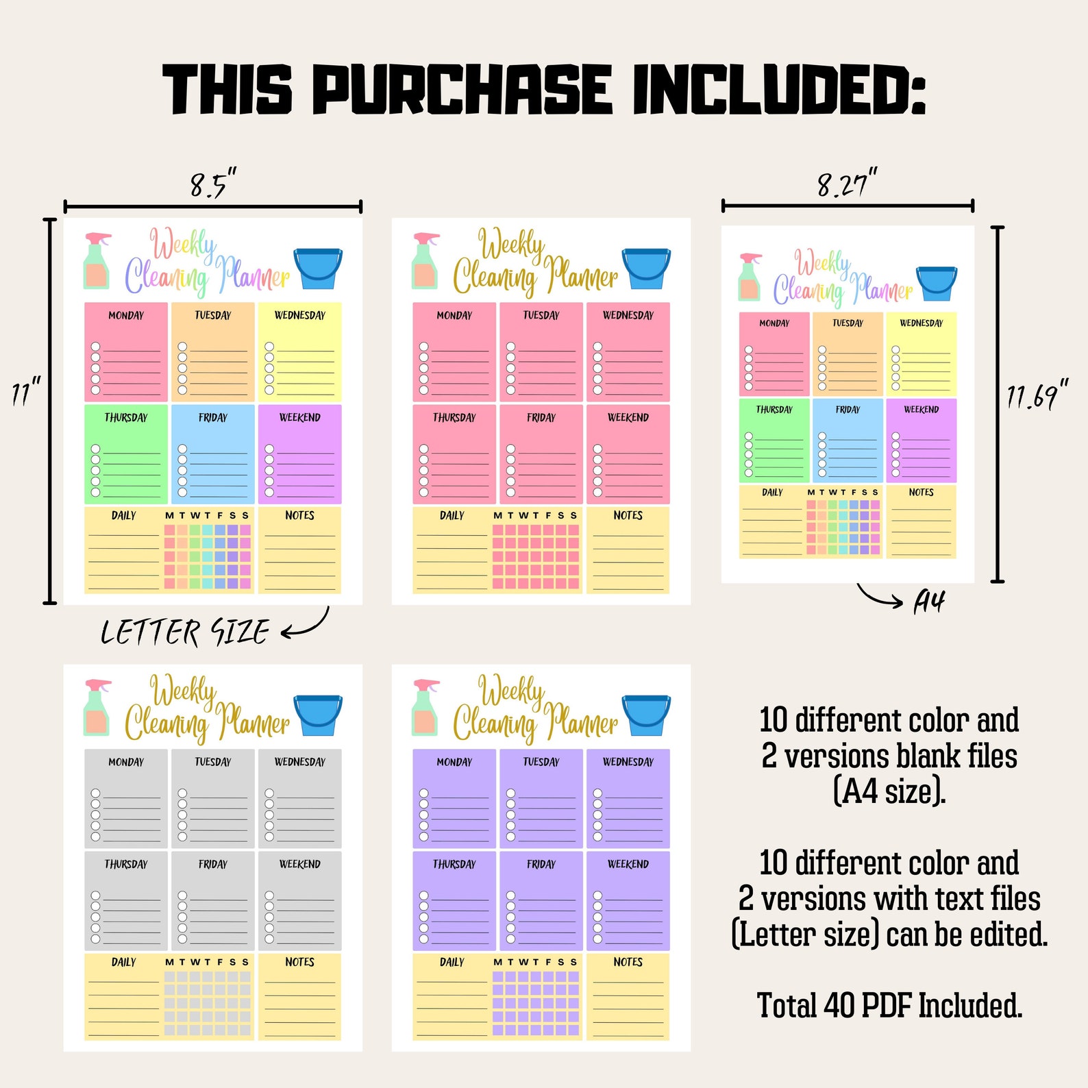 Editable Weekly Cleaning Planner All Color Bundle, Cleaning Checklist ...