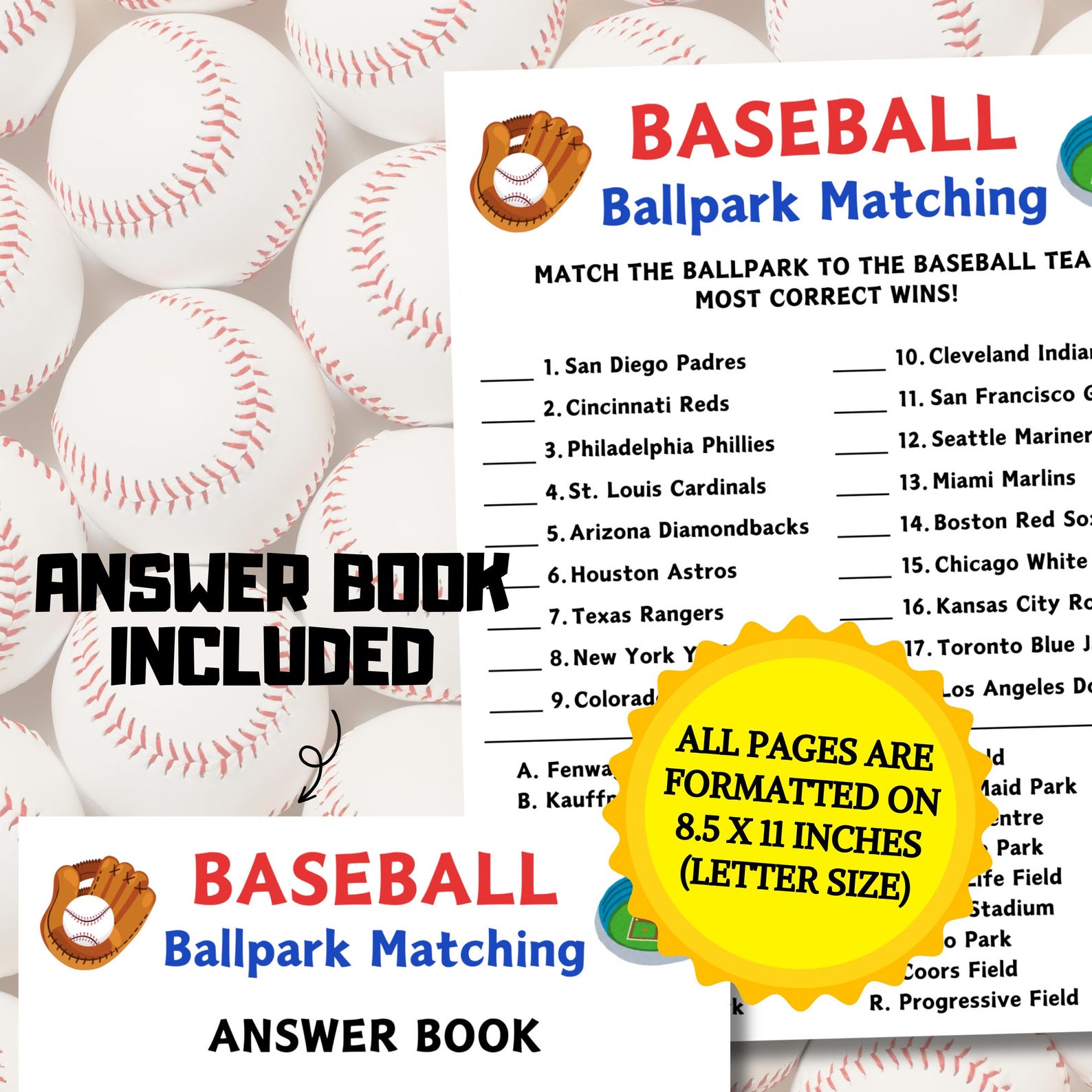 Baseball Ballpark Matching Game | Printable Baseball Trivia Game ...