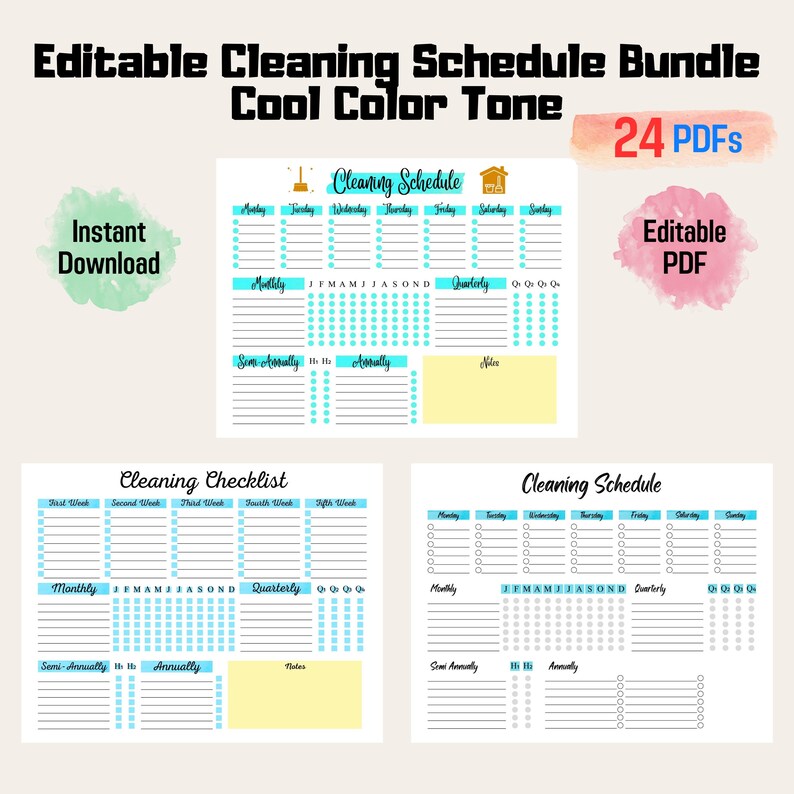 Editable Cleaning Schedule Bundle Cool Color Tone Printable, Filling ...