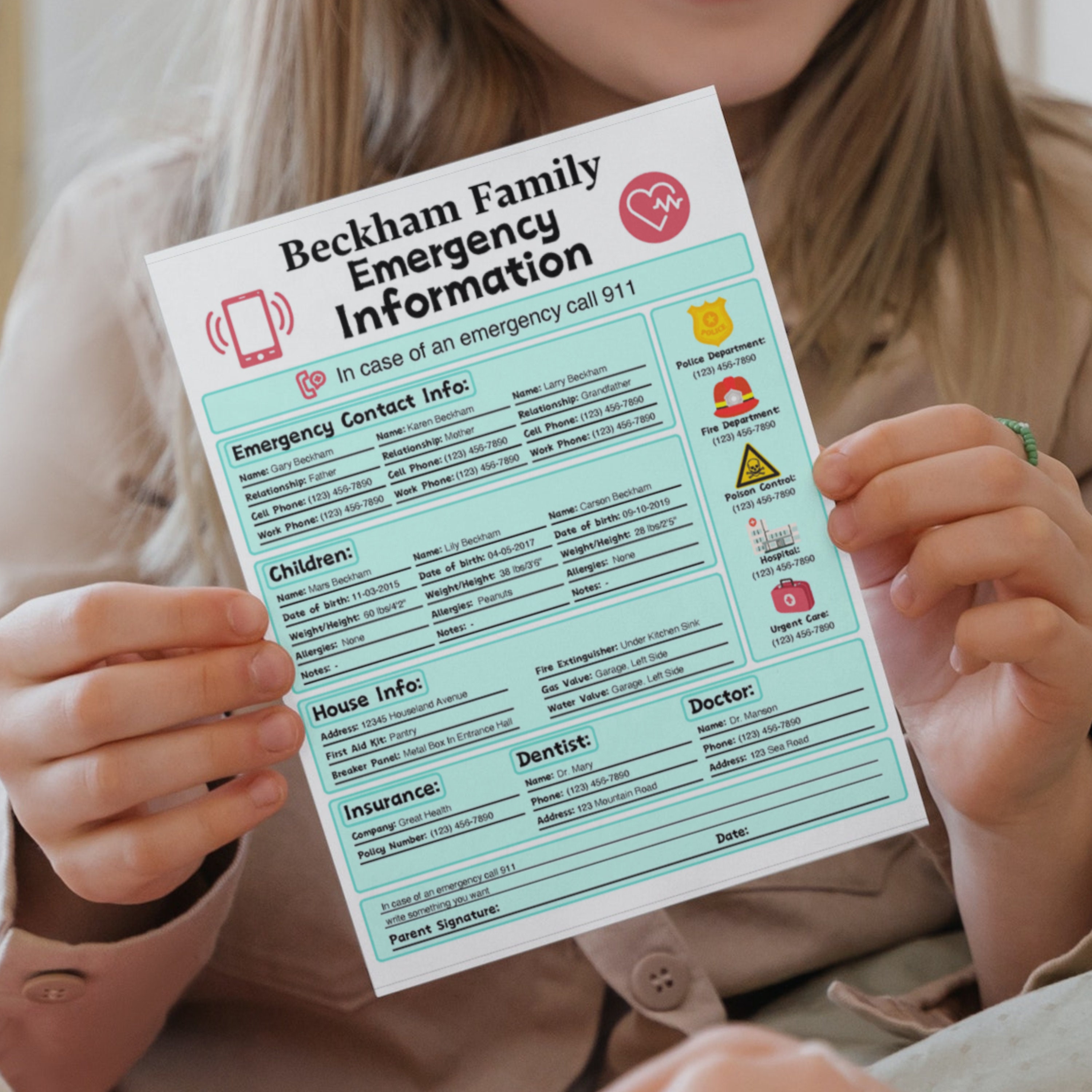 Editable Emergency Information Sheet Bundle All Color Set in Case of ...