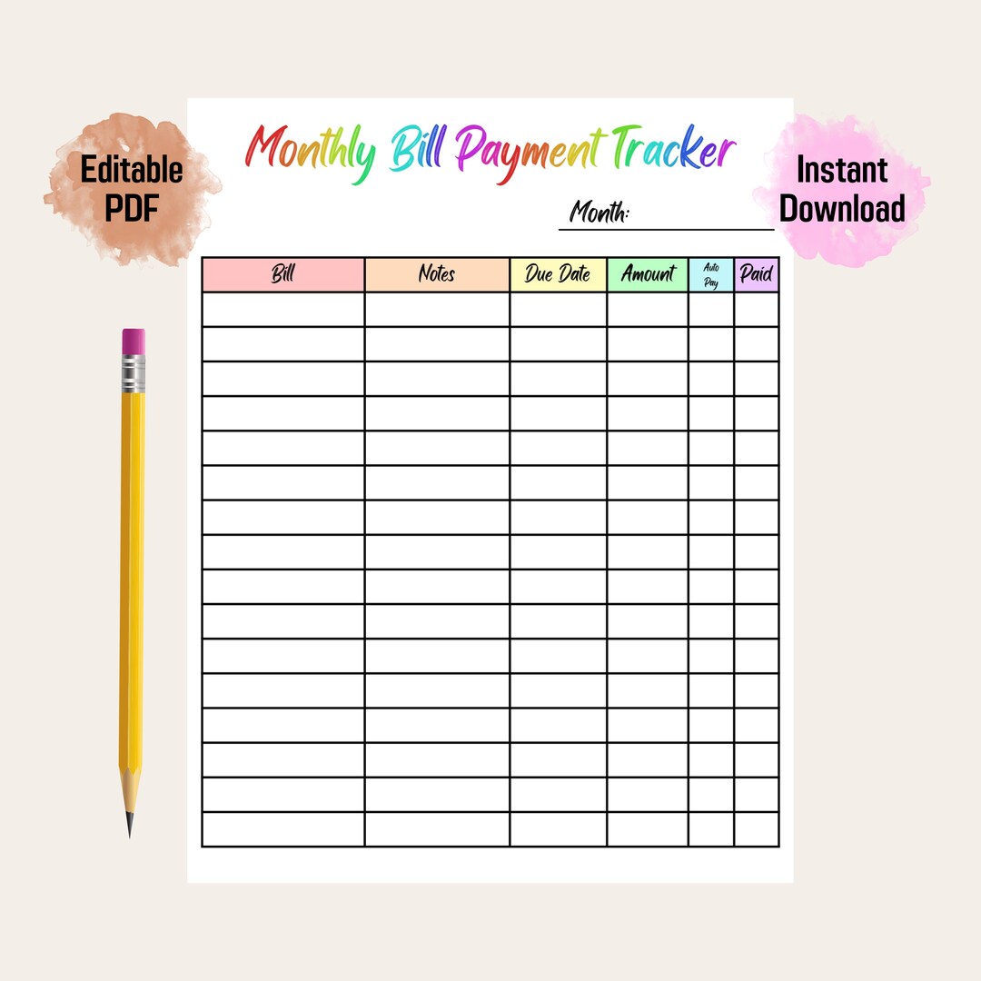 Bill Payment Tracker Rainbow Color Printable Editable Bill - Etsy