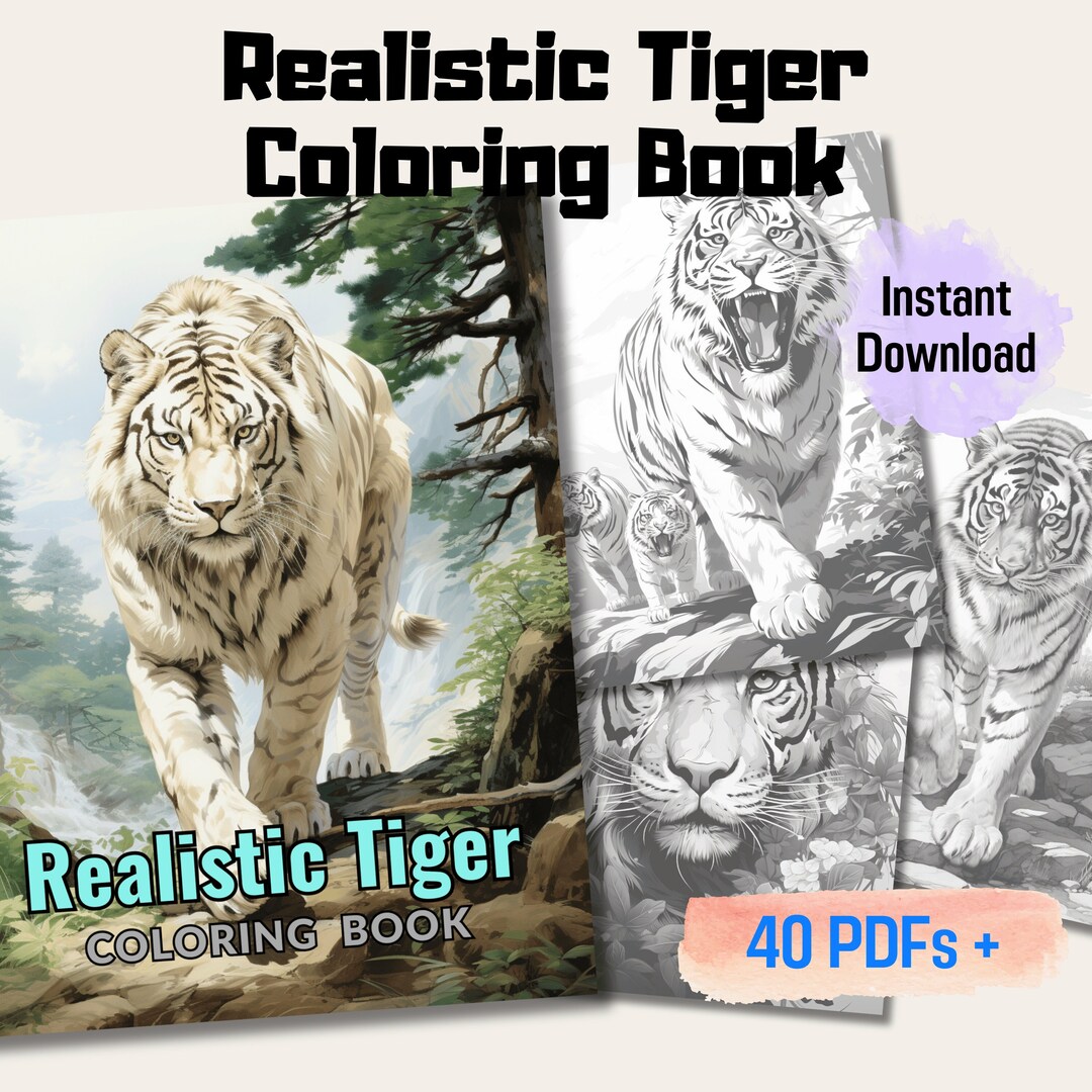 20 Realistic Tiger Grayscale Coloring Book, Perfect for Relaxation and ...