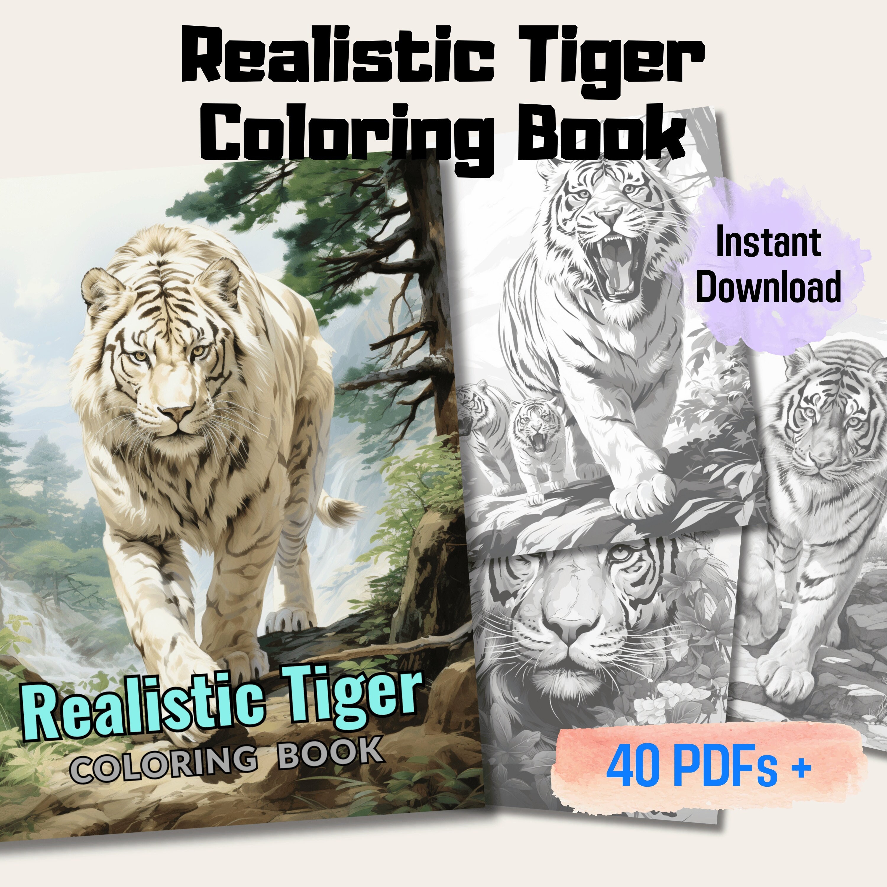 20 Realistic Tiger Grayscale Coloring Book, Perfect for Relaxation and ...