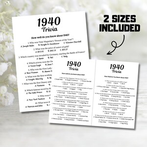 1940 Trivia Game | Printable 85th Birthday Party Game | Born in 1940 ...