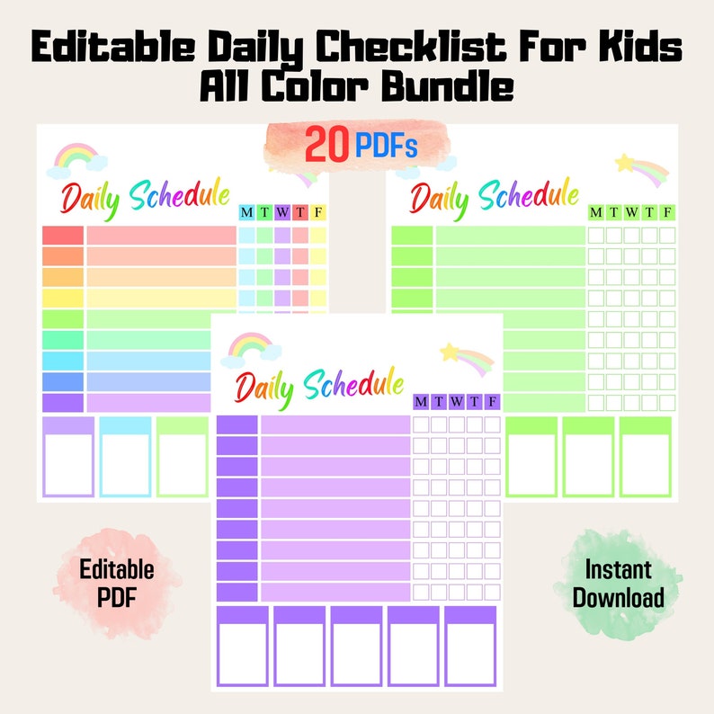 Editable Daily Checklist for Kids All Color Bundle, Cute Printable ...