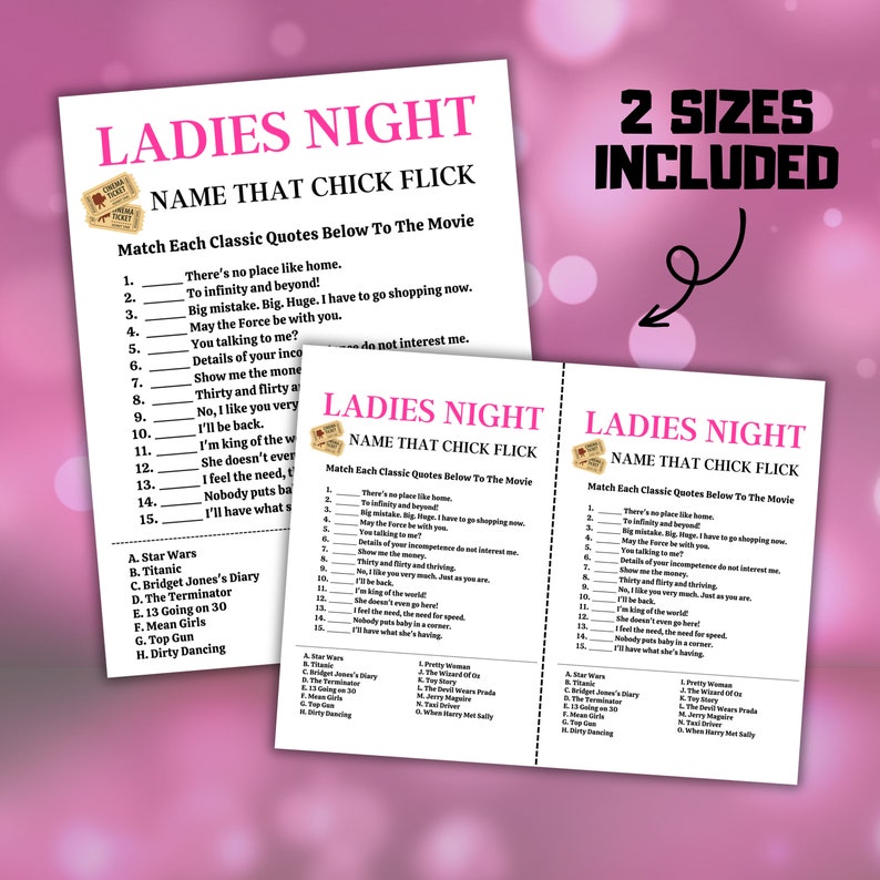Ladies Night Name That Chick Flick Game | Movie Matching Game | Girls ...