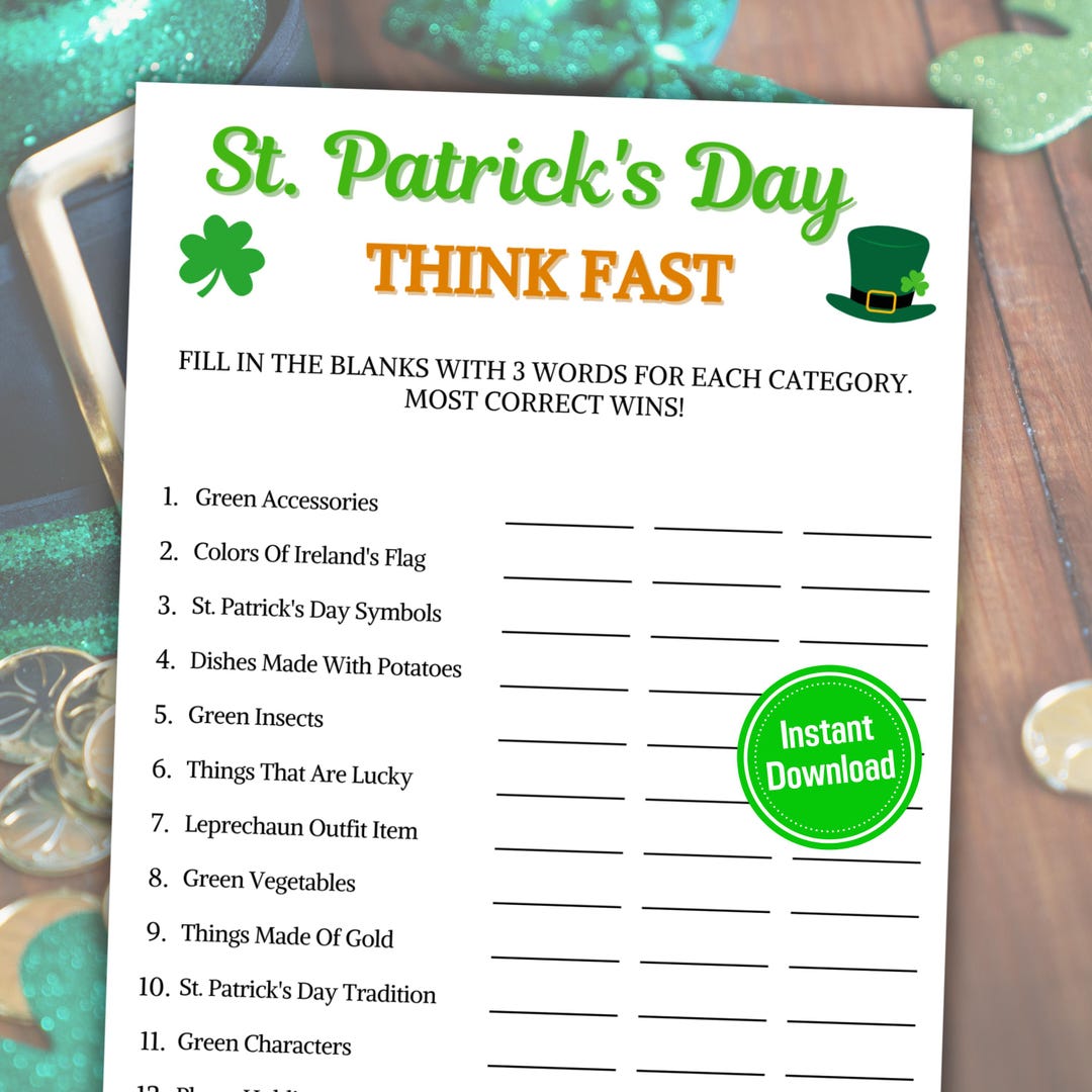 St. Patrick's Day Think Fast Game | Printable St. Patty's Trivia Game ...