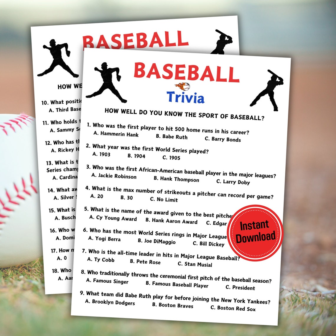 Baseball Trivia Game MLB Trivia Game for Kids & Adults Printable ...