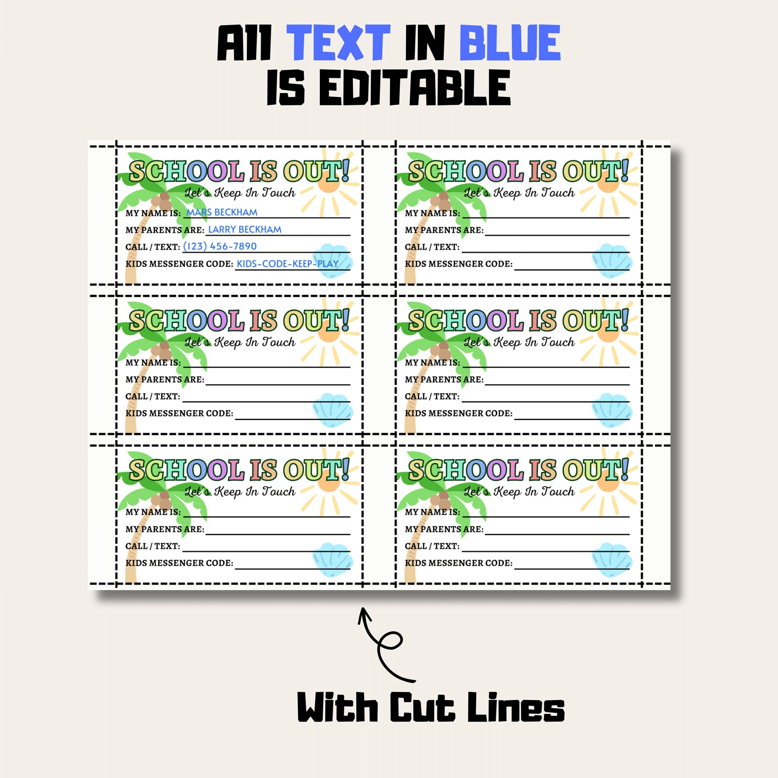 Editable Kids Contact Card, End of School Cards for Kids, Keep in Touch ...