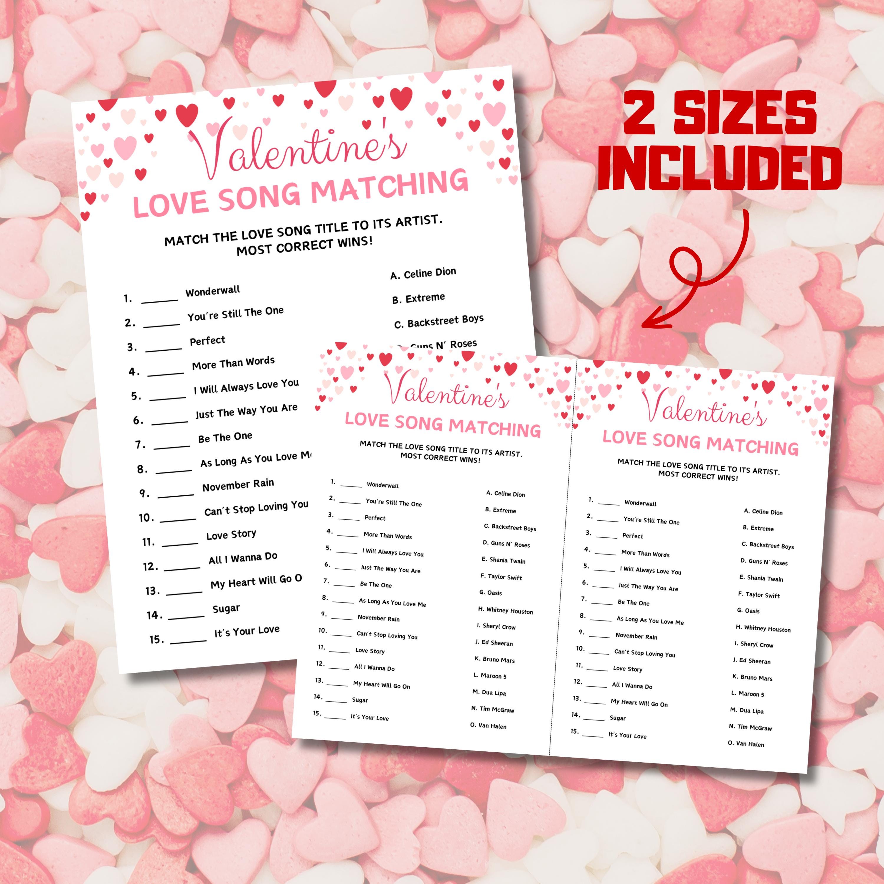 Valentine's Day Love Song Matching Game | Love Song Title Match Game ...