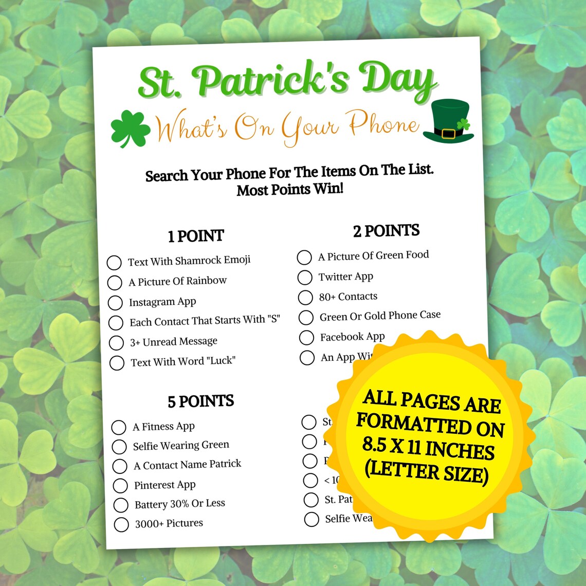 St. Patrick's Day What's on Your Phone Game | Printable St. Pattys ...