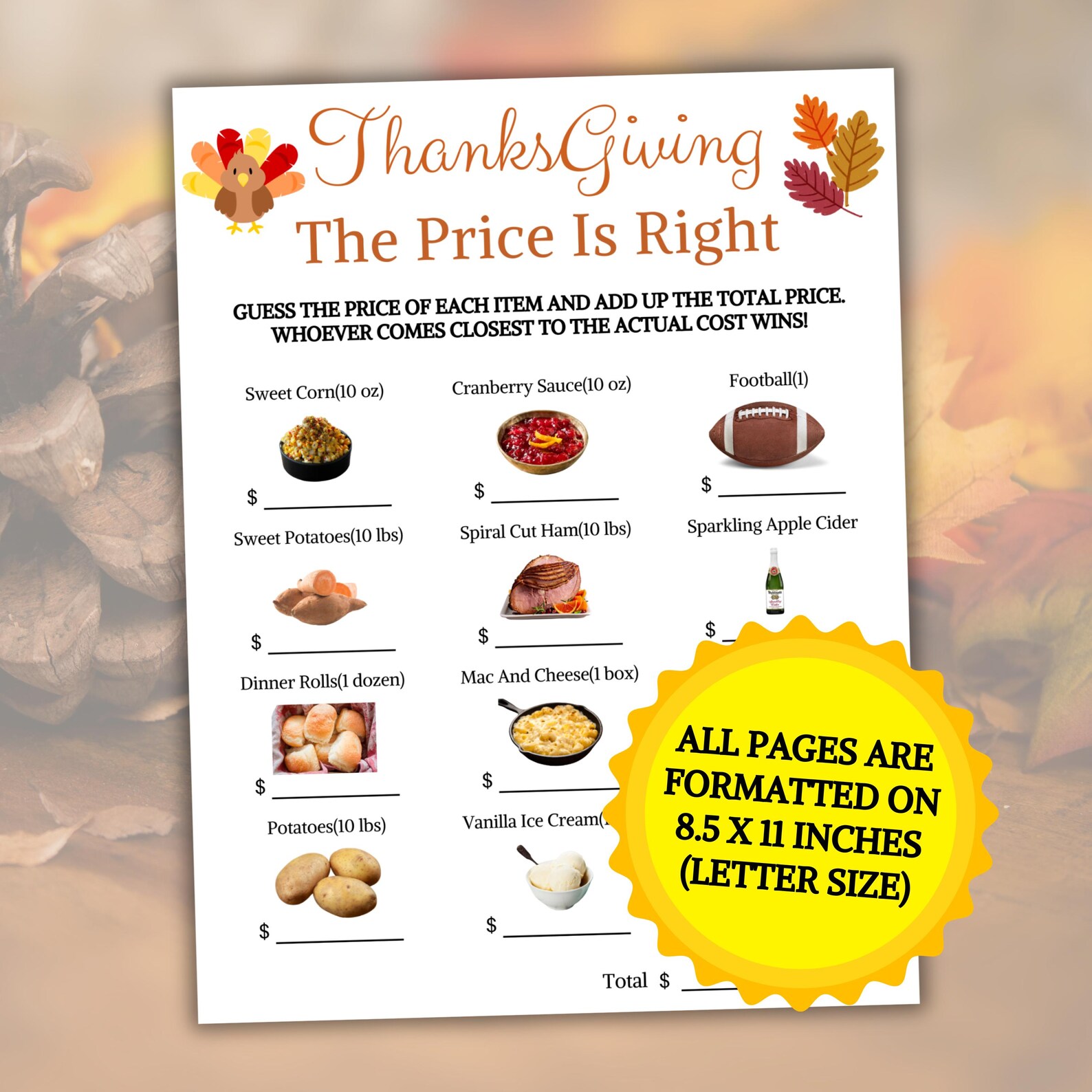Thanksgiving Dinner Guess Price Game | Printable Thanksgiving the Price ...