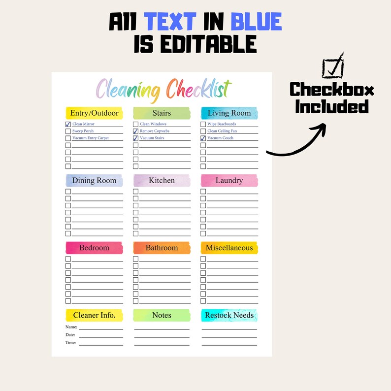 Editable Airbnb Cleaning Checklist Bundle Rainbow Color, Cleaning Checklist Spreadsheet Template ...