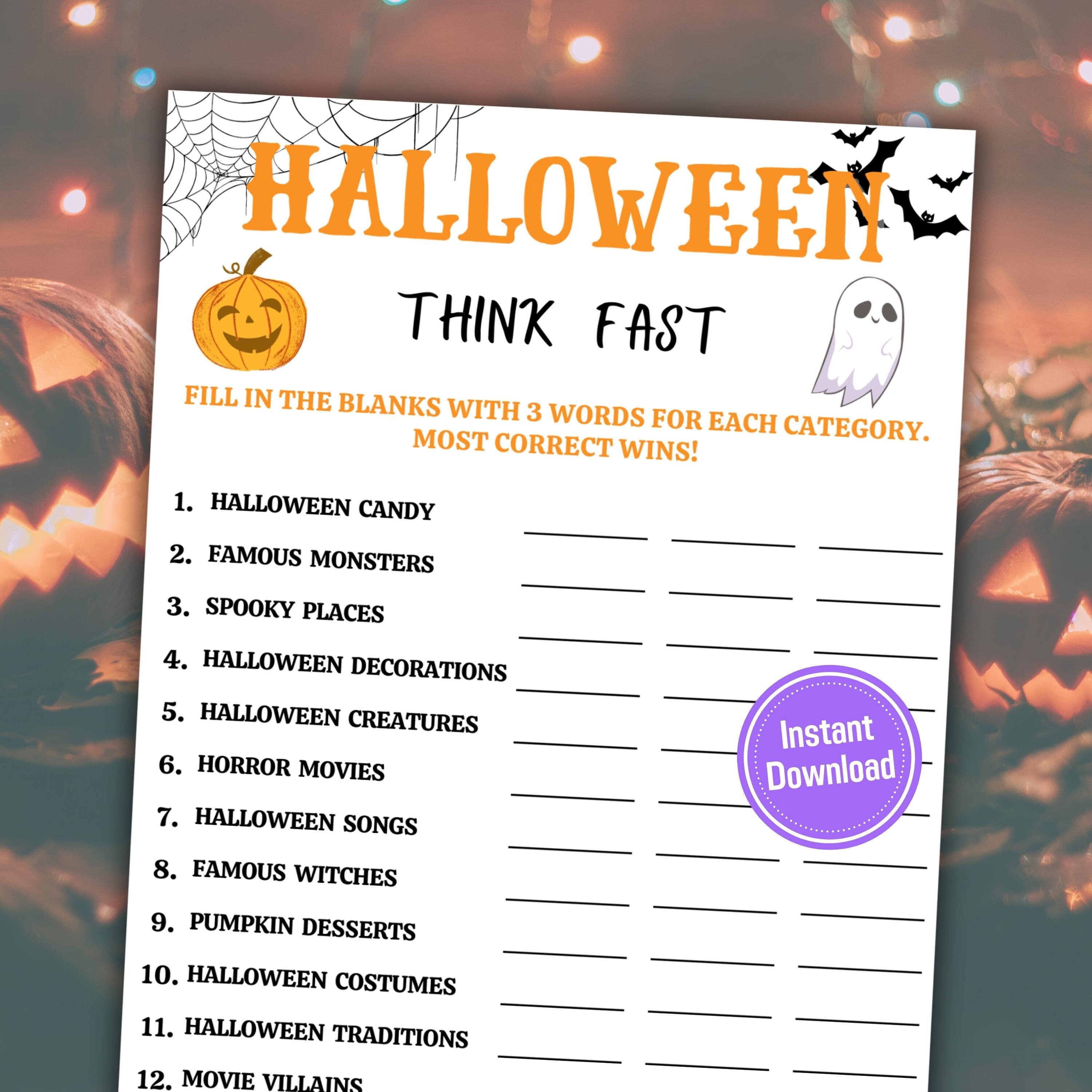 Halloween Think Fast Game | Halloween Trivia Game | Printable Halloween ...