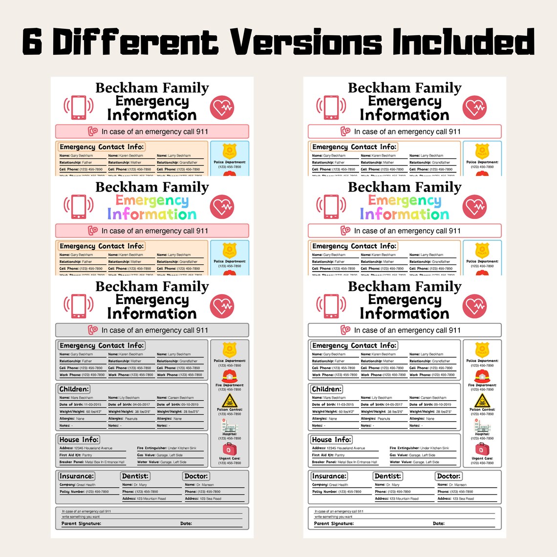 Printable Emergency Information Sheet Rainbow Color in Case of ...