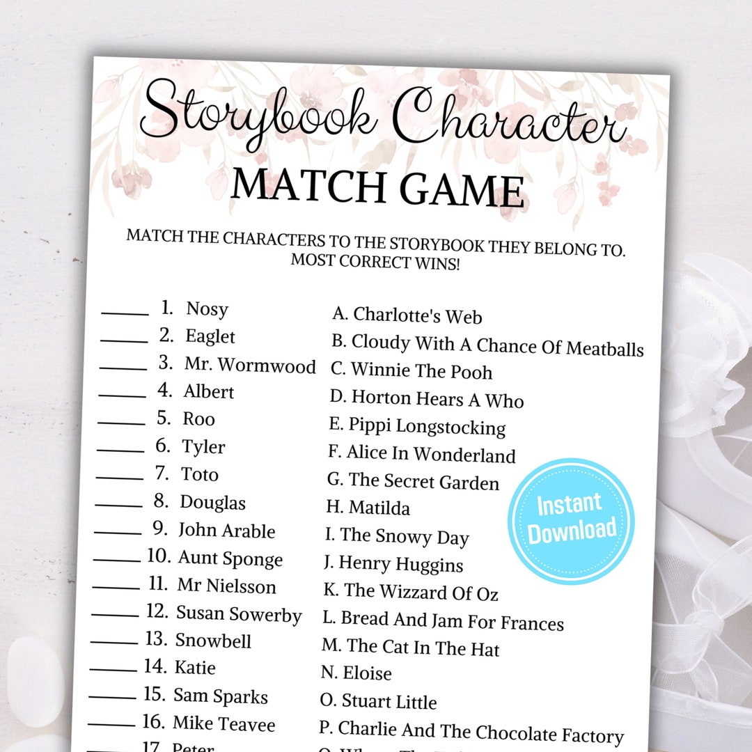 Storybook Character Match Baby Shower Game | Book Themed Baby Shower ...
