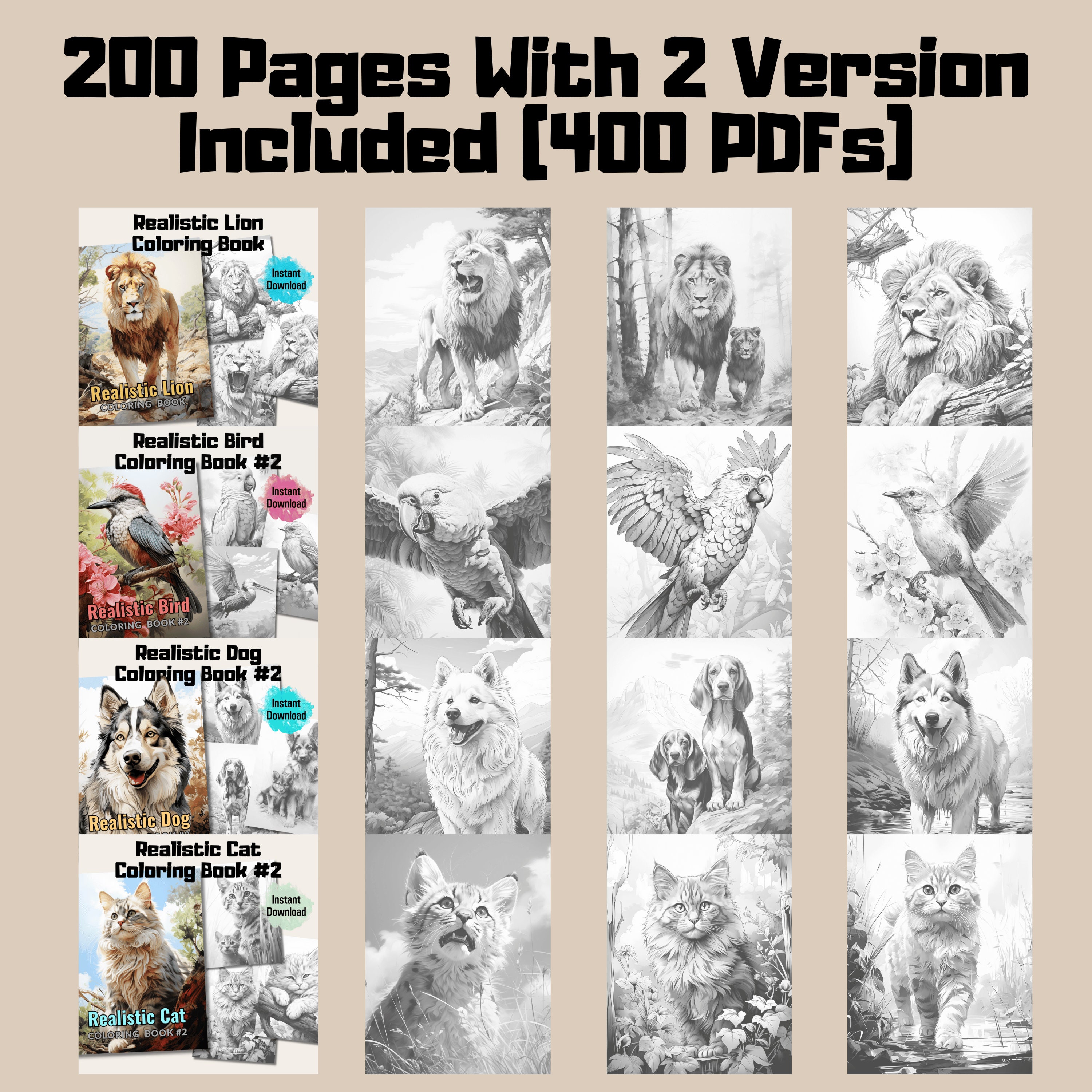 400-pages Realistic Animals Coloring Book Bundle, Grayscale Coloring ...