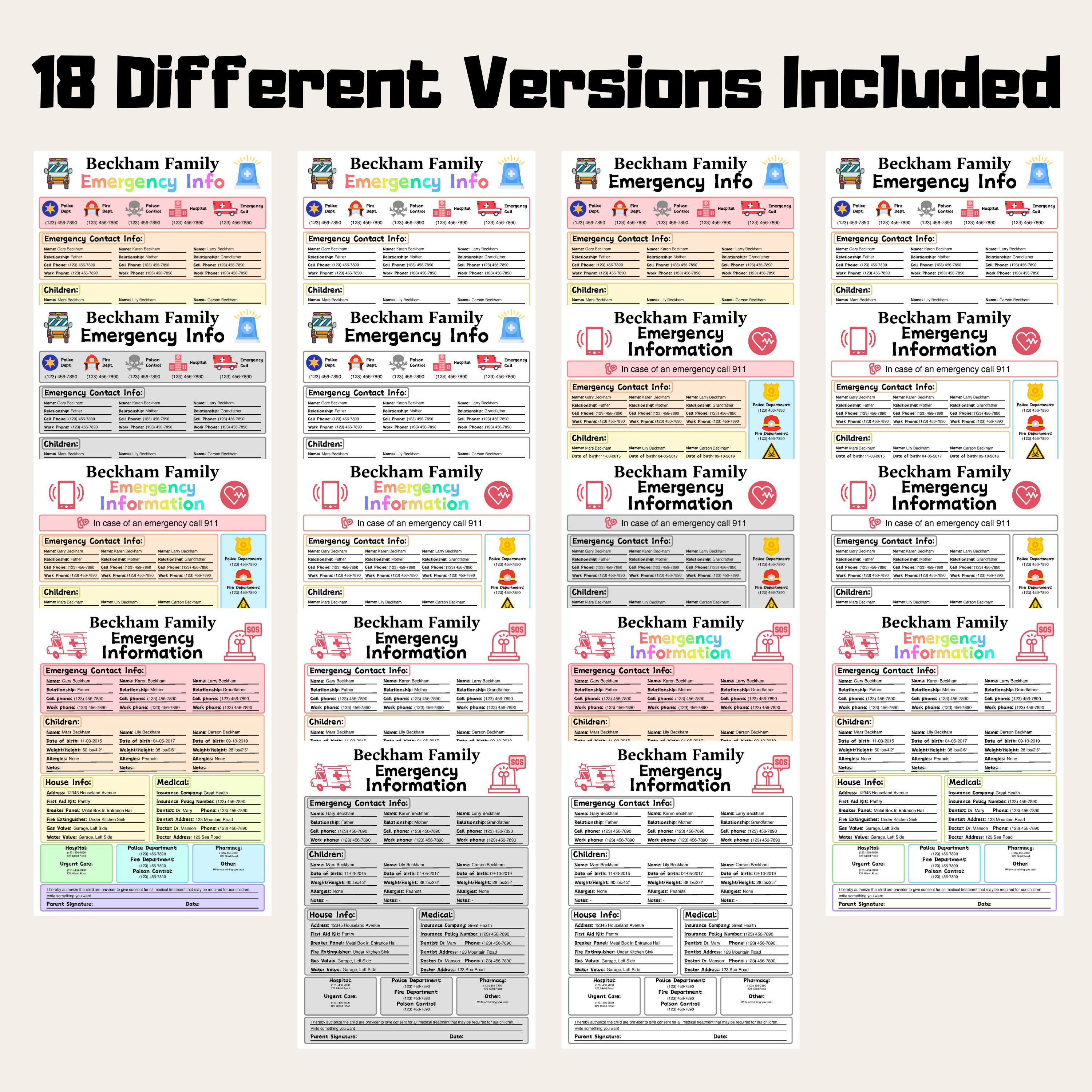 Editable Emergency Information Sheet Bundle Rainbow Color in Case of ...