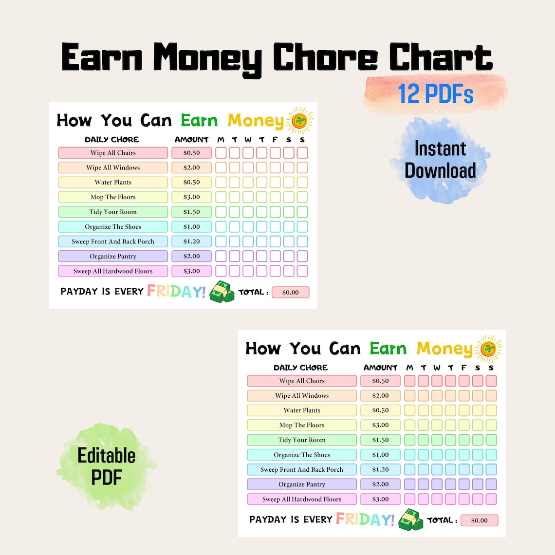 How to Earn Money Chore Chart | Editable Weekly Chore Chart for Kids ...