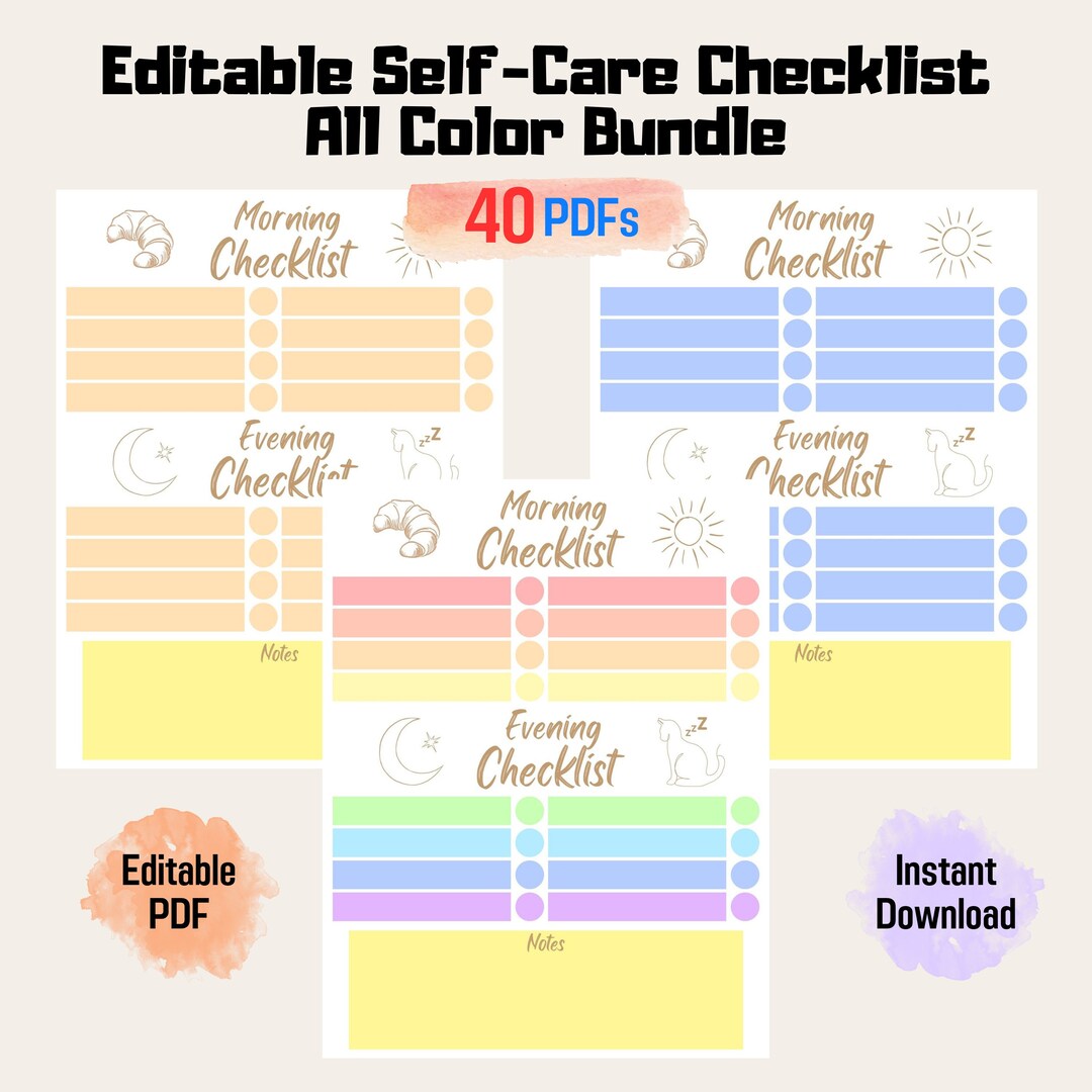 Editable Self Care Checklist All Color Bundle Digital - Etsy