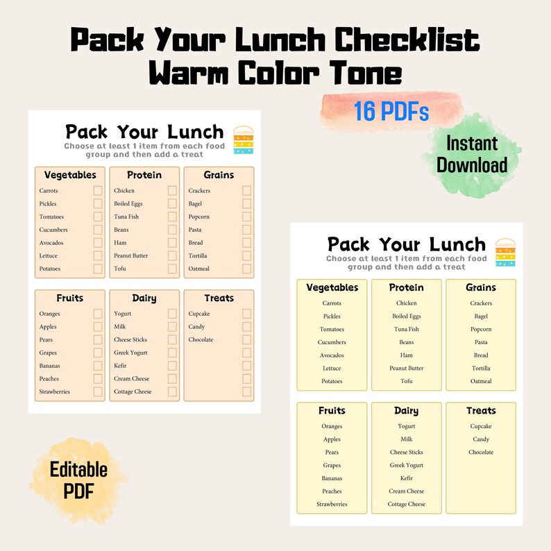 Pack Your Lunch Checklist Warm Color Tone | Pack Your Own Lunch ...