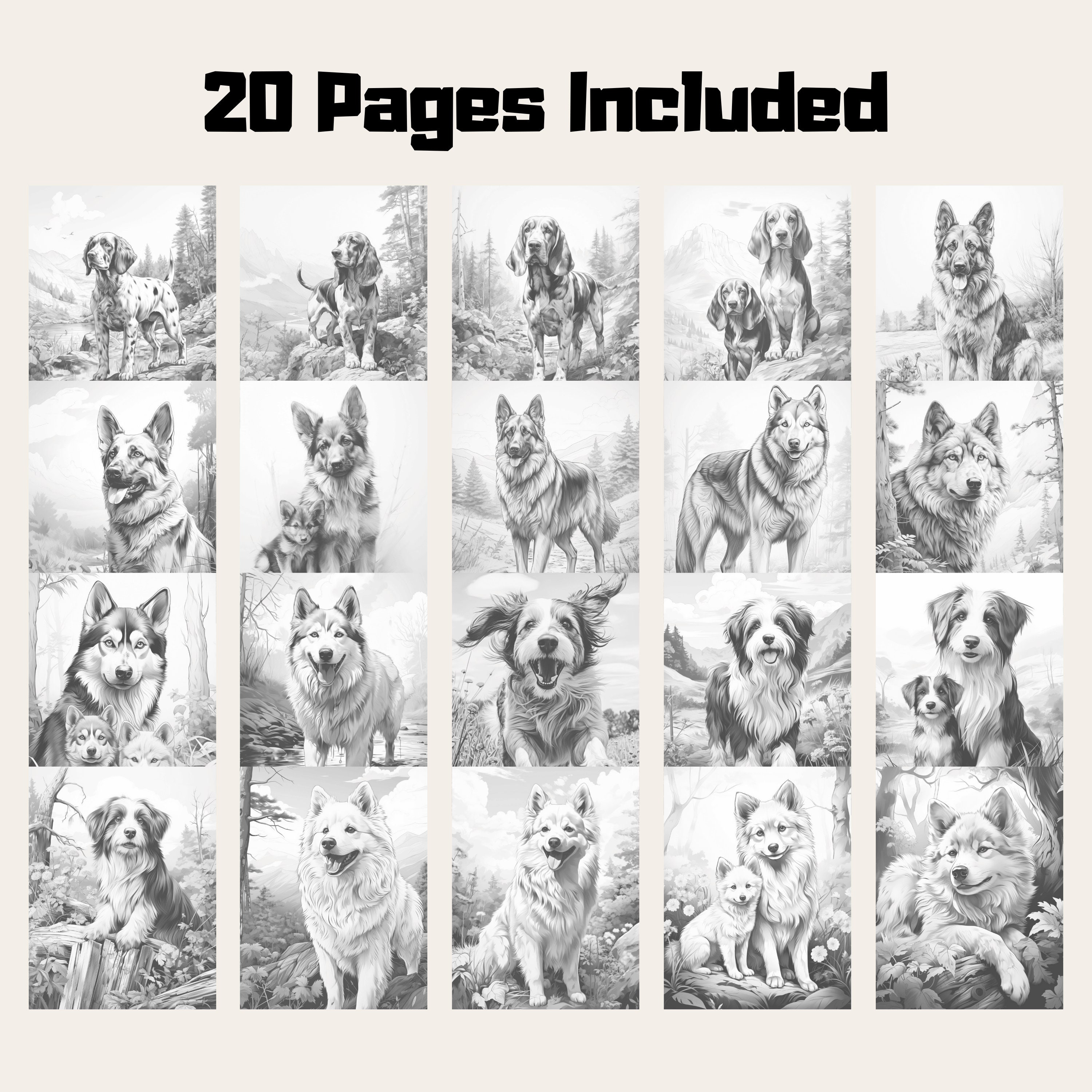20 Realistic Dog Coloring Book, 20 Detailed Dog Coloring Pages for ...