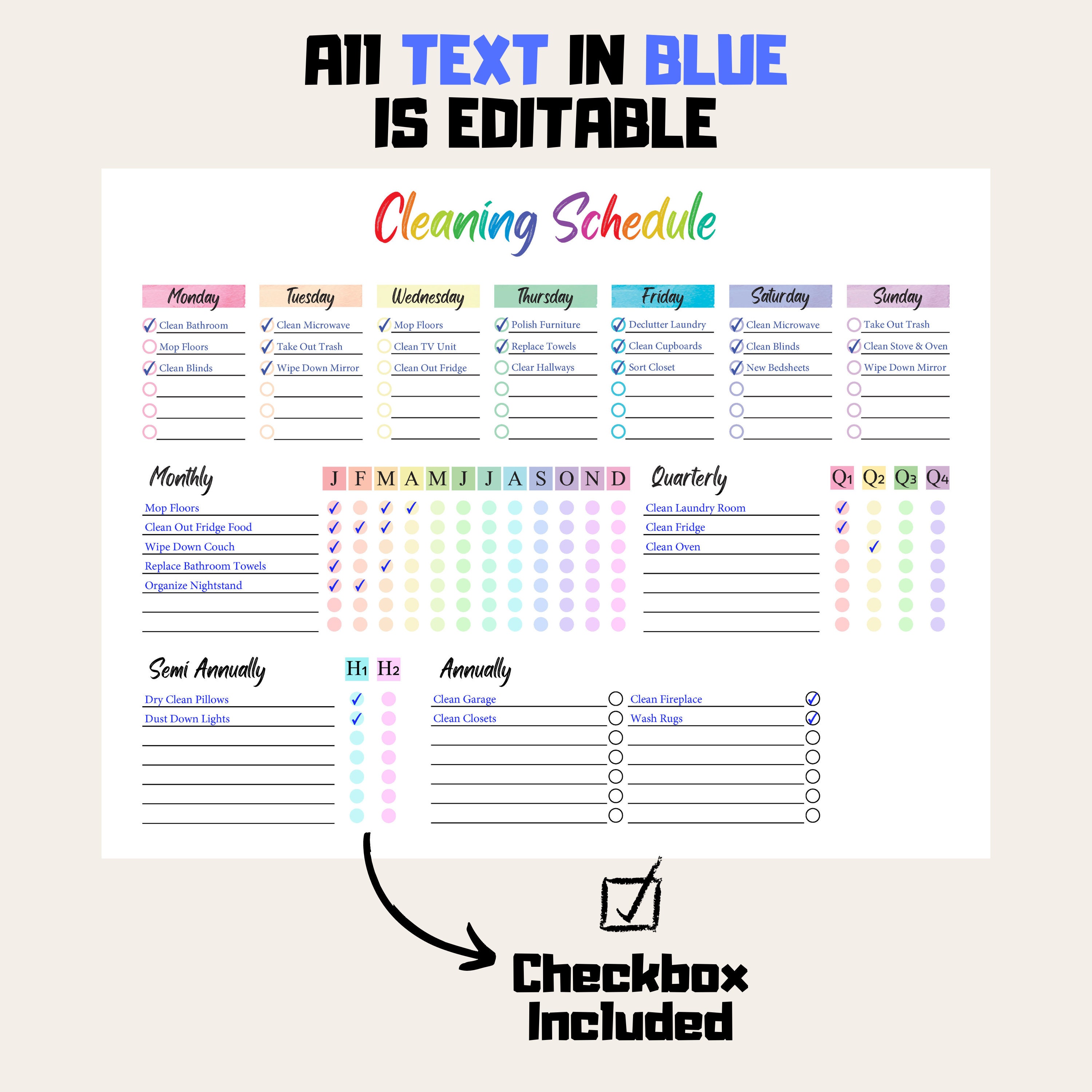 Customizable Cleaning Schedule Rainbow Color Printable for Daily Weekly ...