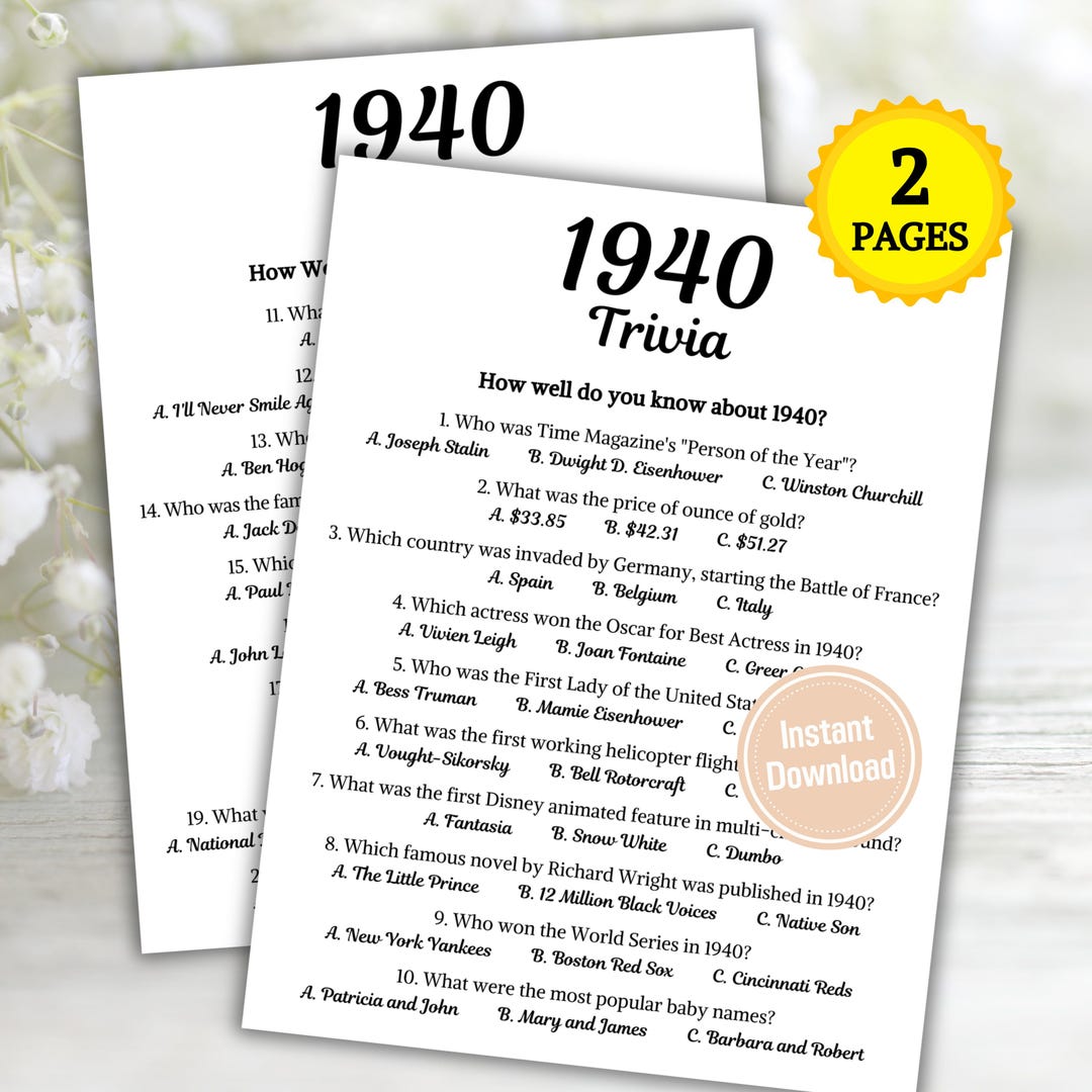 1940 Trivia Game | Printable 85th Birthday Party Game | Born in 1940 ...