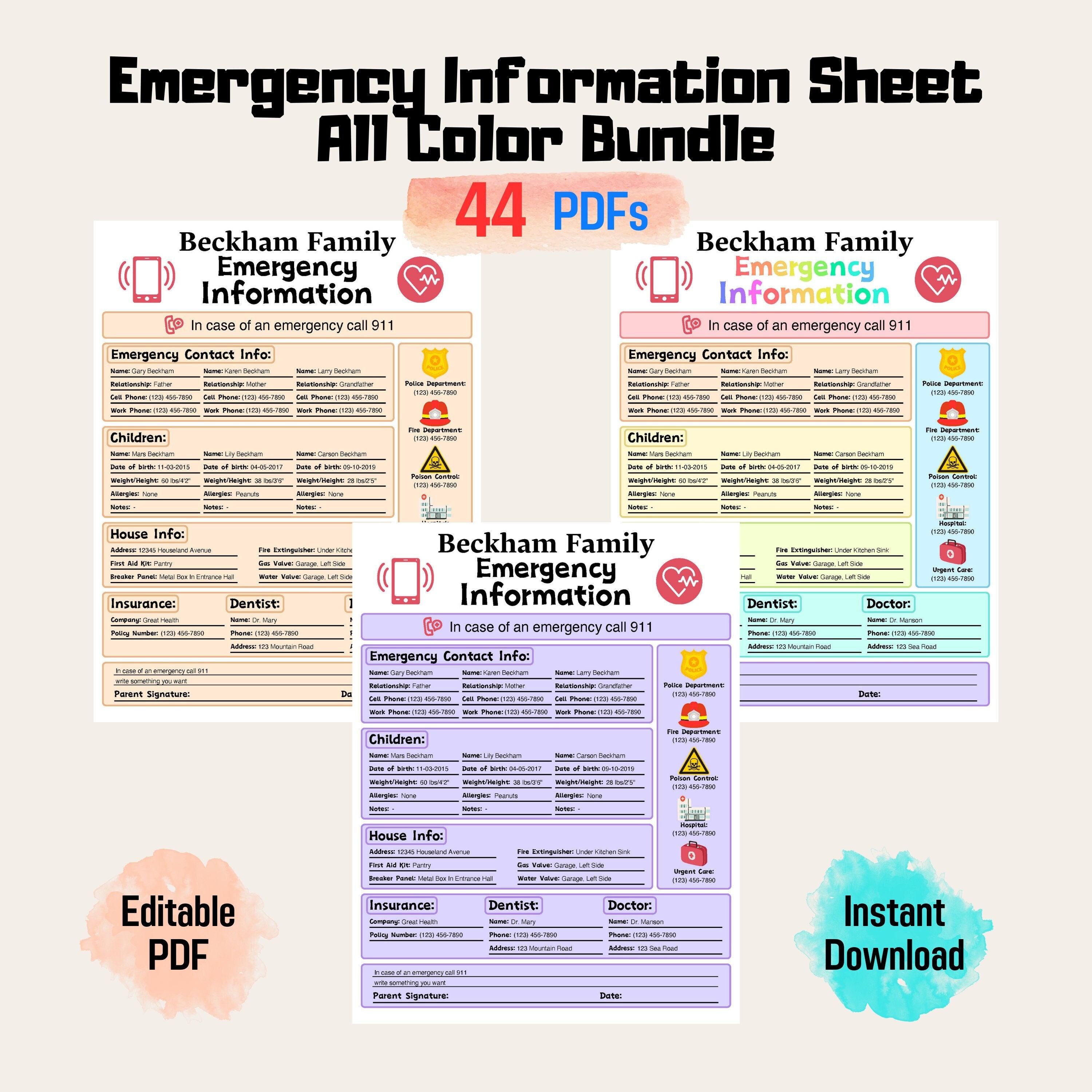 Printable Emergency Information Sheet All Color Bundle - Etsy