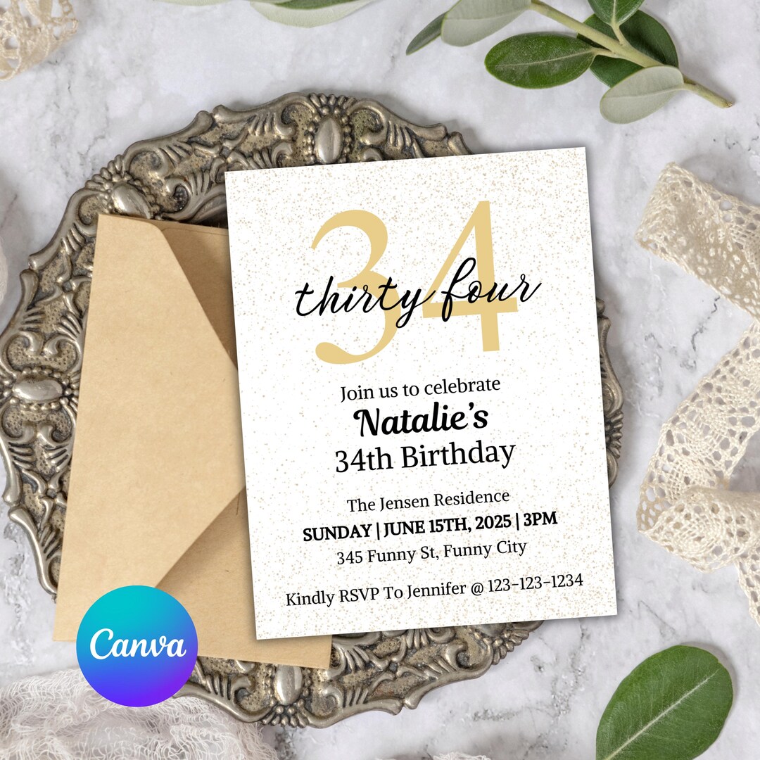 34th Birthday Invitation | Editable 34th Birthday Party Invite ...