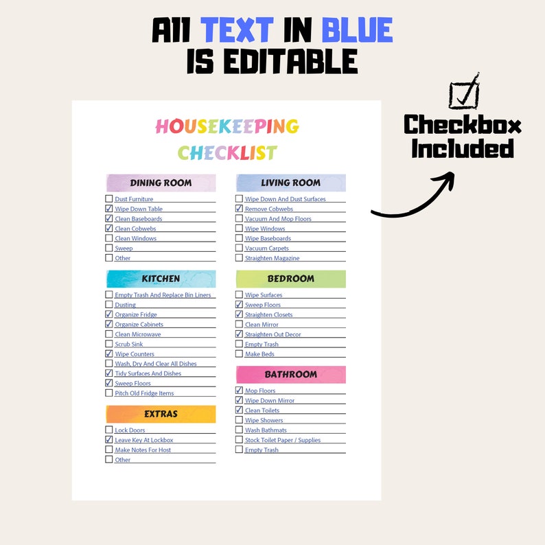 Editable Airbnb Housekeeping Checklist Rainbow Color | Editable ...