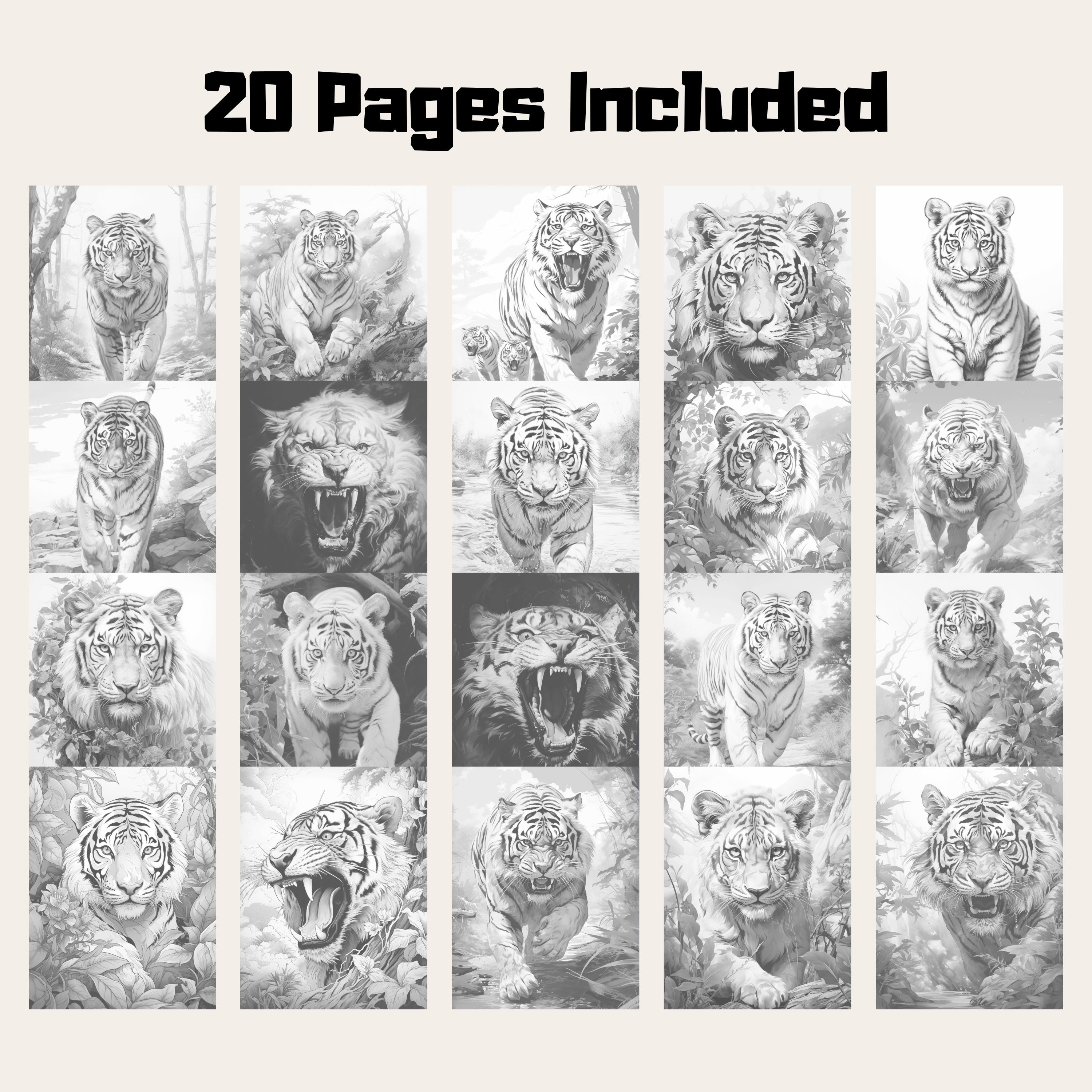 20 Realistic Tiger Grayscale Coloring Book, Perfect for Relaxation and ...